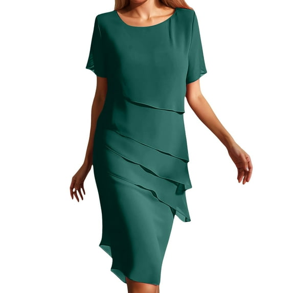 Fshinging Womens Summer Dresses Multi-Layer Ruffle Chiffon Solid Color ...