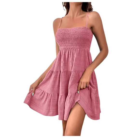Fshinging Womens Summer Dresses Short Solid Ruffle Hem Short Sleeveless ...