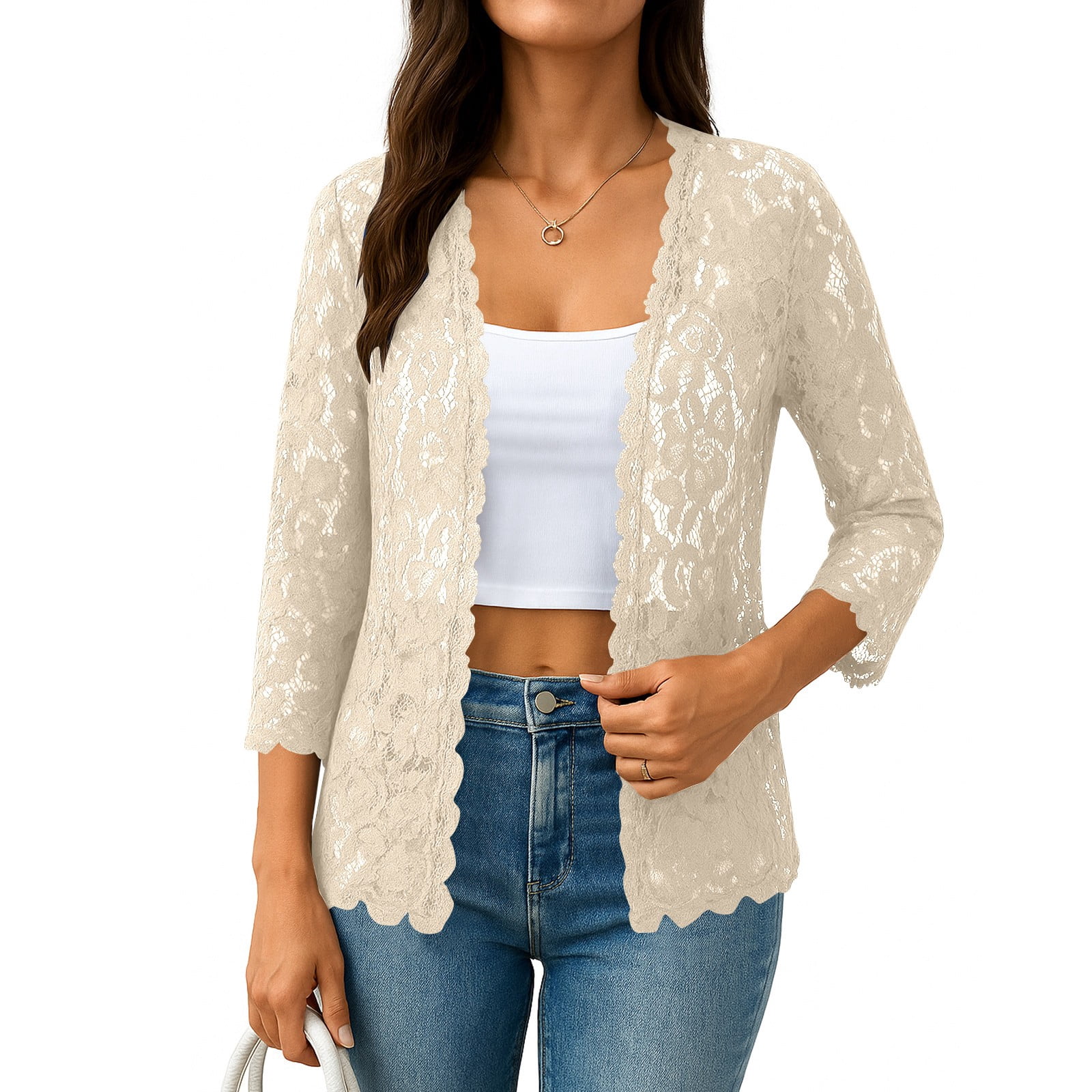 Fshiont Crochet Cardigans for Women Elegant 3/4 Sleeve Floral Lace ...