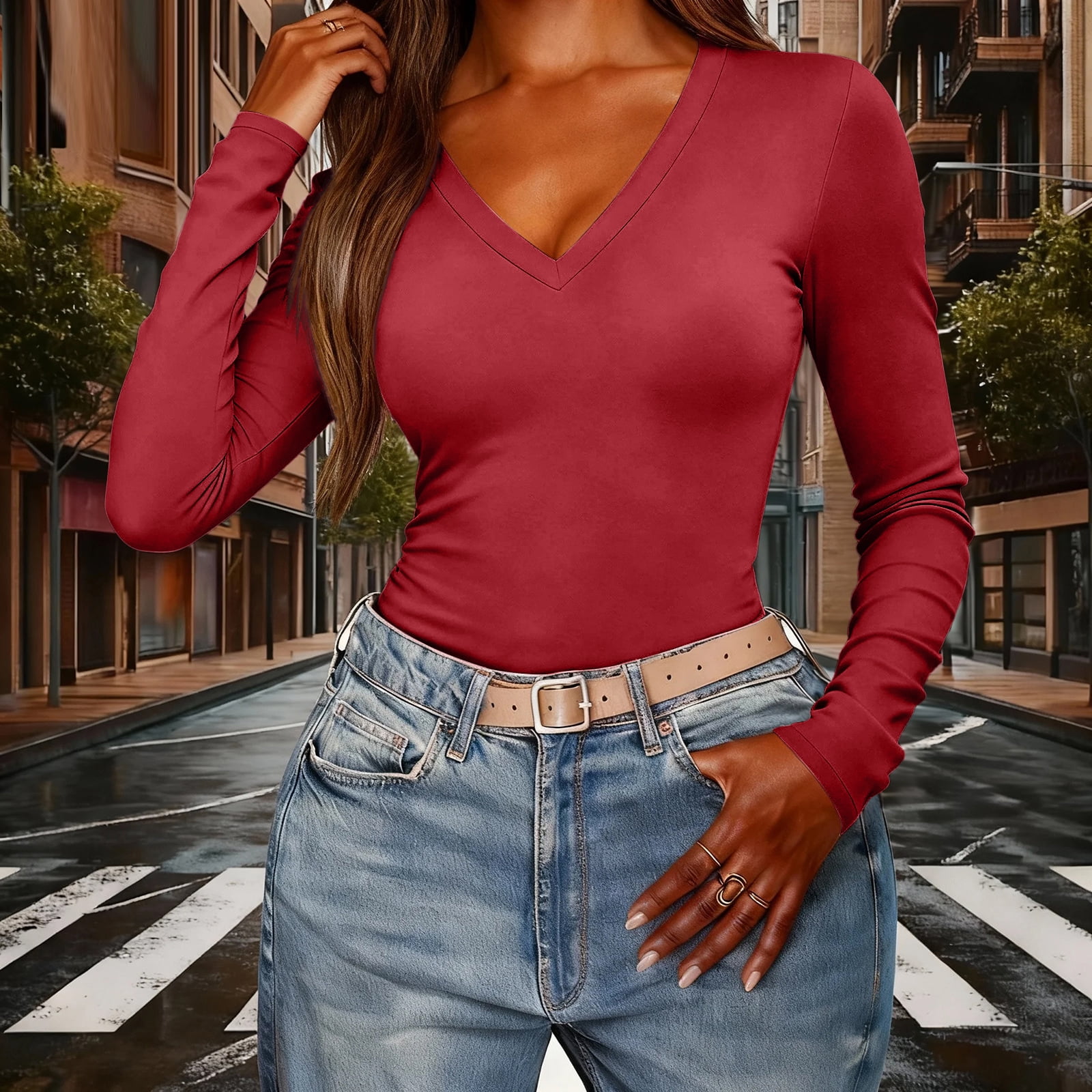 Fshiont Going out Long Sleeve Shirts for Women V Neck Tops Ribbed Knit ...