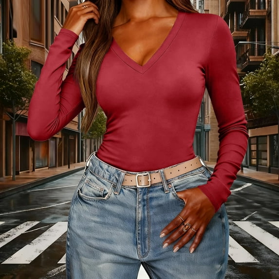 Fshiont Going out Long Sleeve Shirts for Women V Neck Tops Ribbed Knit ...