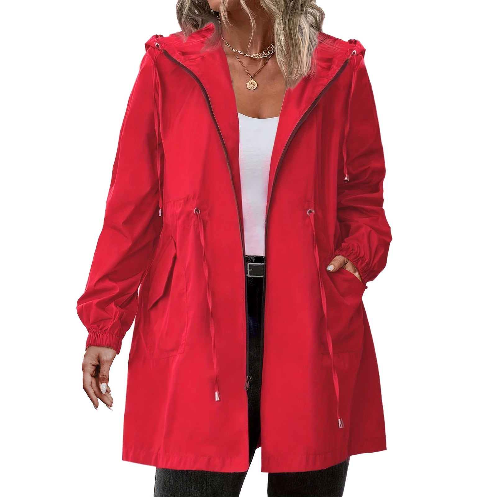 Fshiont Rain Jacket Women Striped Lined Hooded Lightweight Raincoat ...