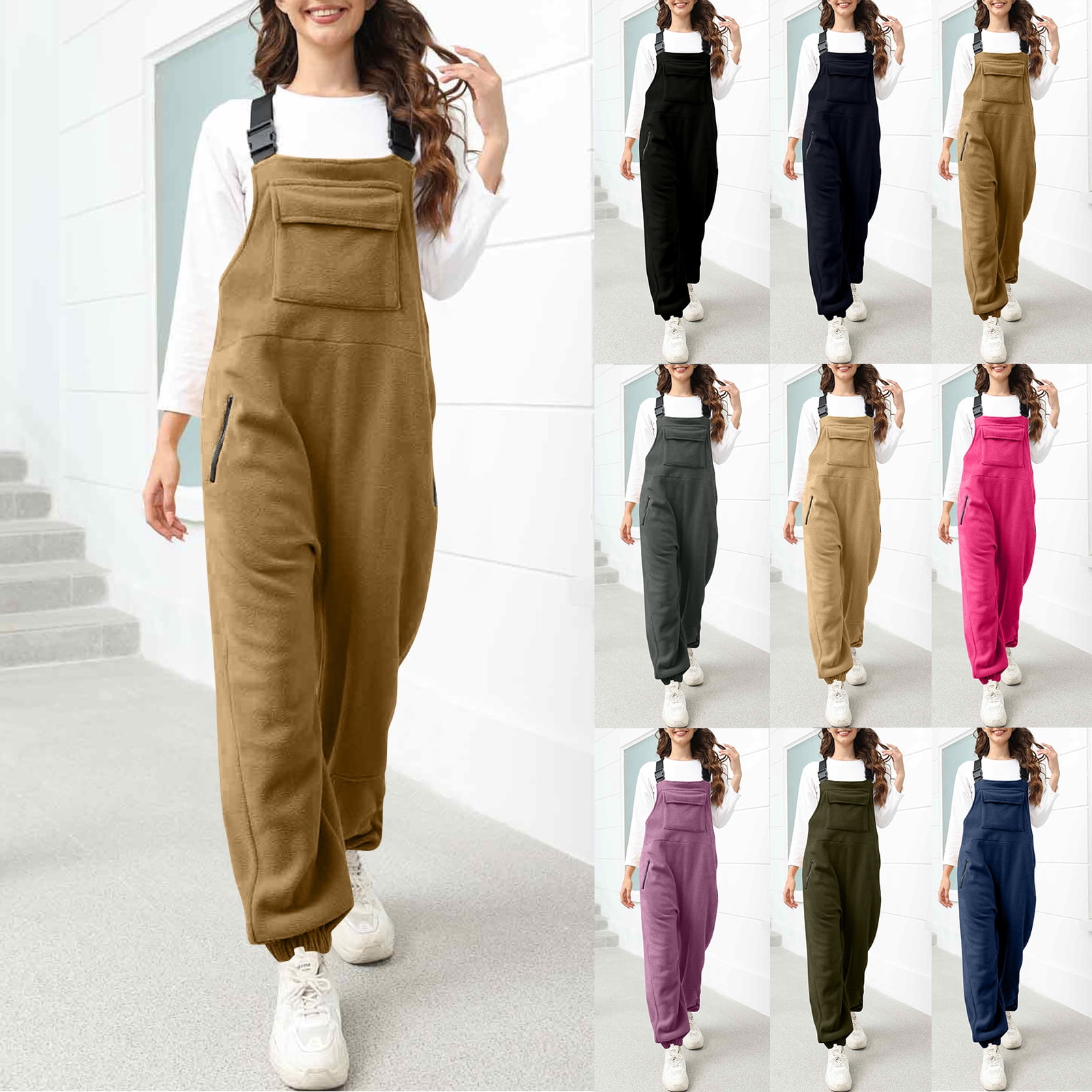 Fshiont Sherpa Fleece Overalls for Women Loose Fit Casual Adjustable ...
