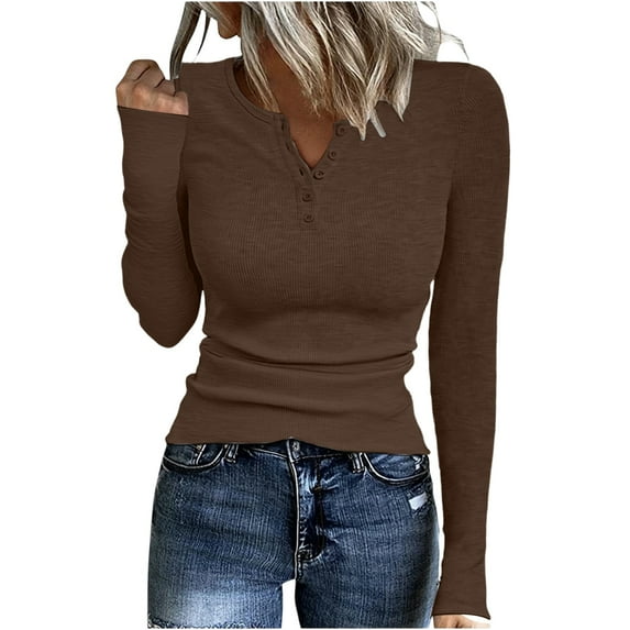 Fshiont Slim Fitted Long Sleeve Shirts for Women Henley V Neck Tees ...