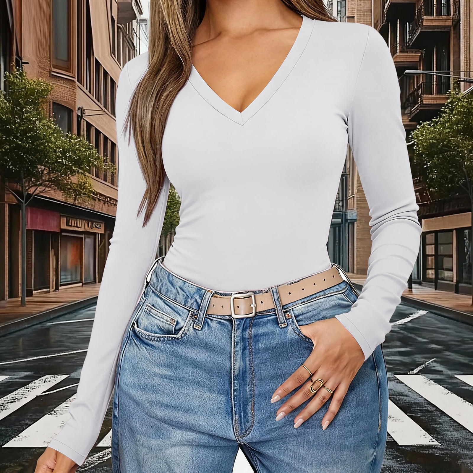 Fshiont Stretch Women Long Sleeve V Neck Shirts for Women Business ...