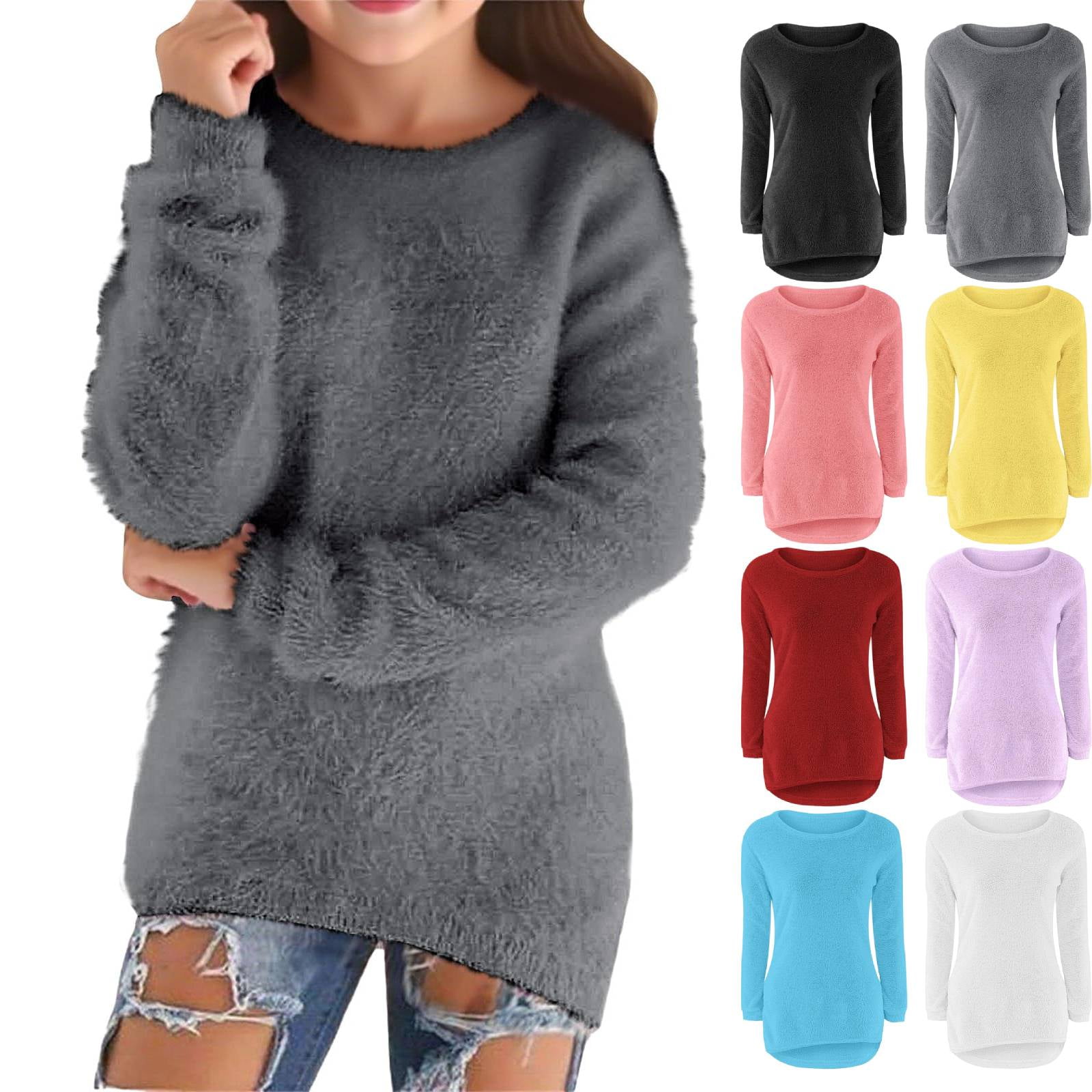 Fshiont Sweaters for Teen Girls Winter Crewneck Fluffy Cozy Pullover ...