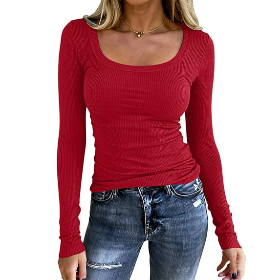 Fshiont Trendy Ribbed Womens Long Sleeve Scoop Neck Fitted Casual Tops ...