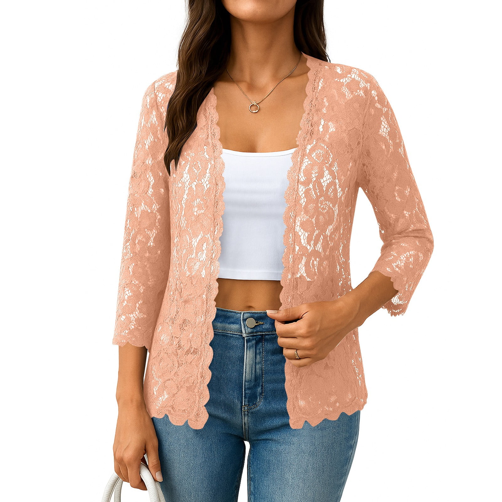 Fshiont Women's 3/4 Sleeve Bolero Shrugs Crochet Lace Open Cardigan ...