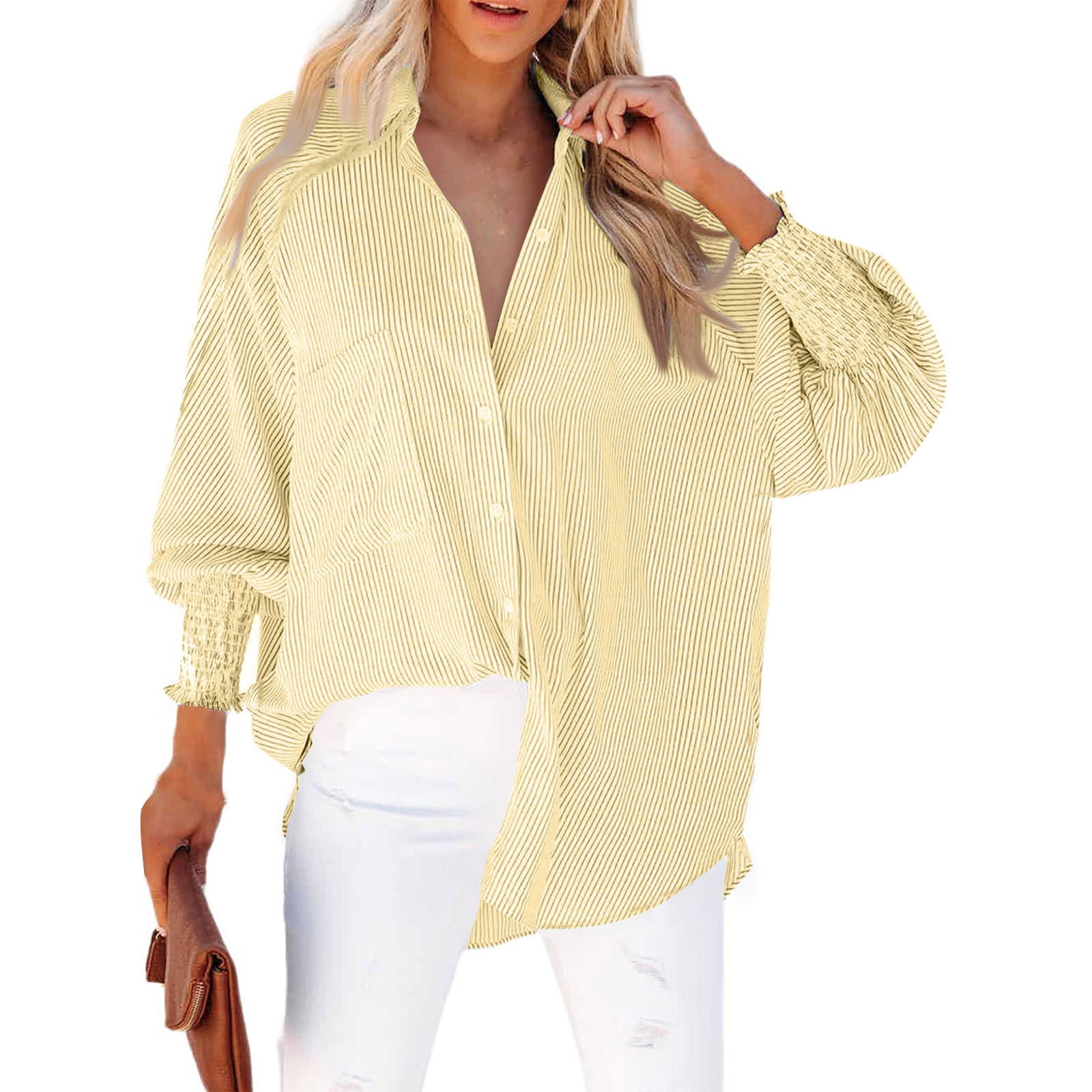 Fshiont Womens Smocked Cuffed Striped Boyfriend Shirt Casual Collar ...