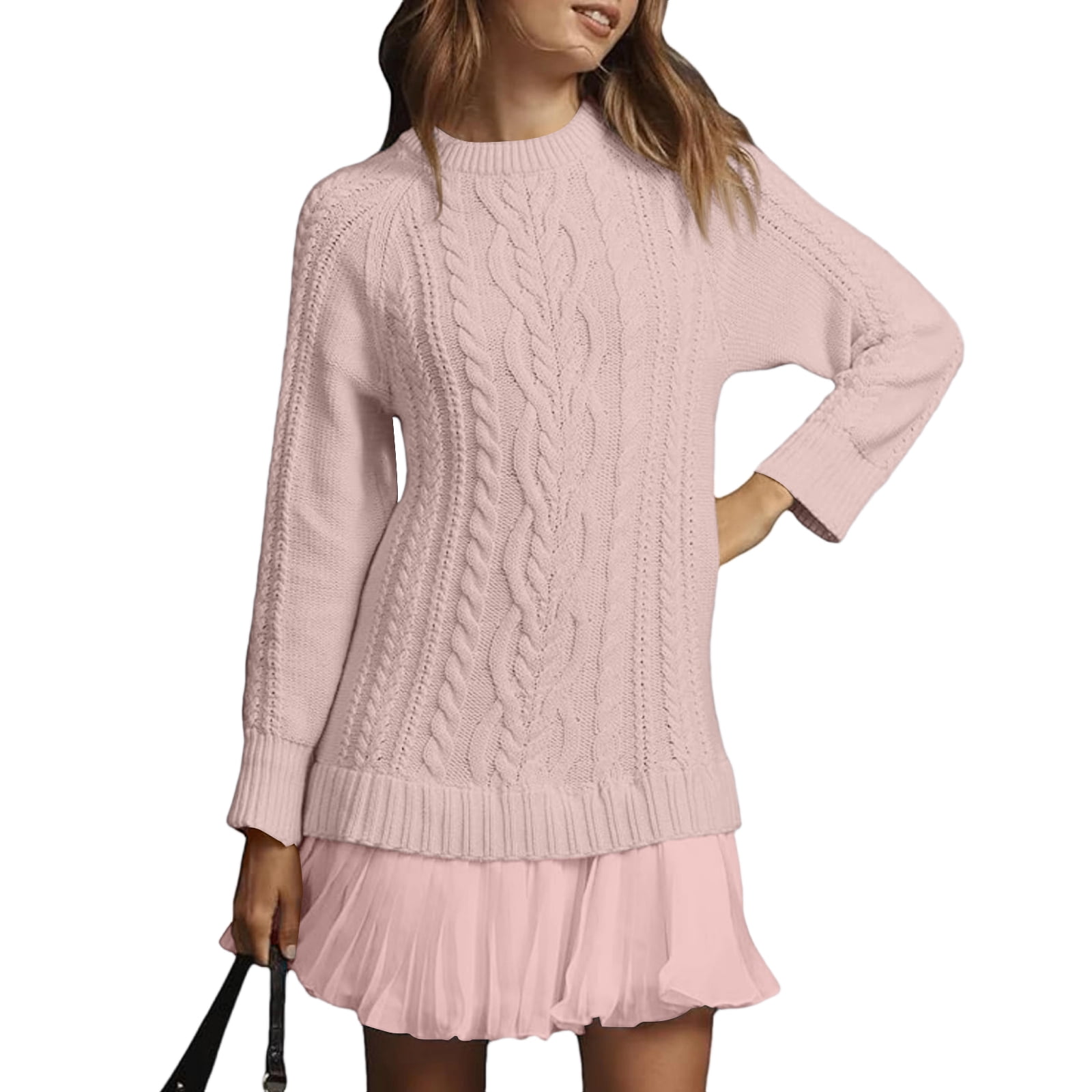 Fshiont Womens Sweater Dress Twofer Cable Knit Long Sleeve Crew Neck ...