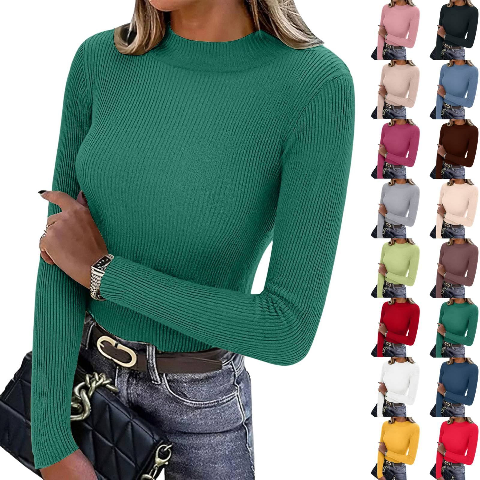 Fshiont Y2k Womens Long Sleeve Stretch Mock Neck Ribbed T-Shirt Slim ...