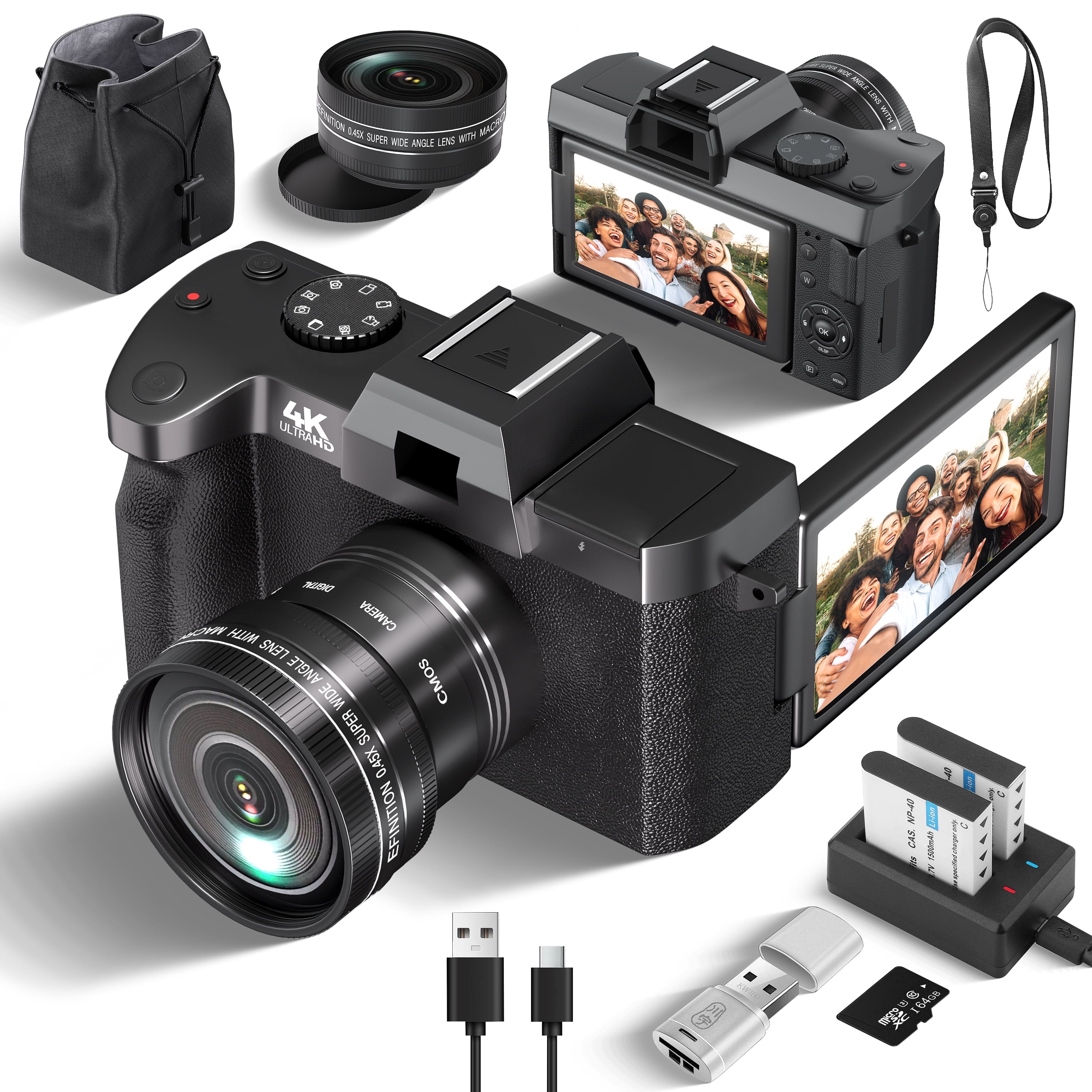 Fsjun Digital Camera 4K Ultra HD 64MP All-in-One Vlogging Camera with ...