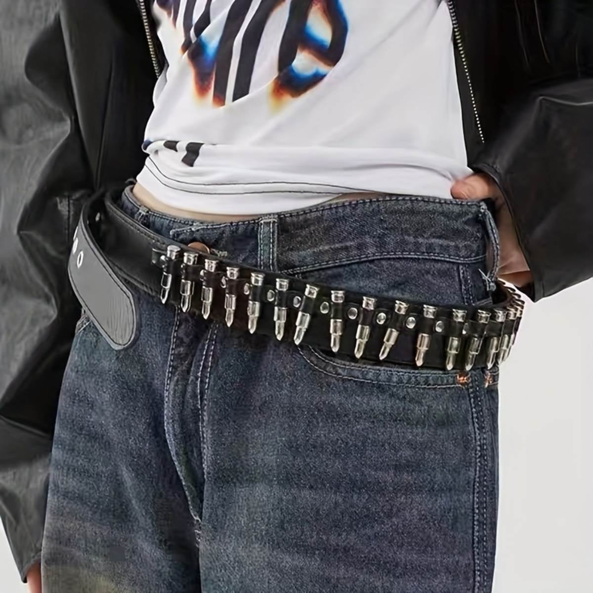 Fsjzc Men and Women Leather Rock Belt with Silver Bullet Studded Belt ...