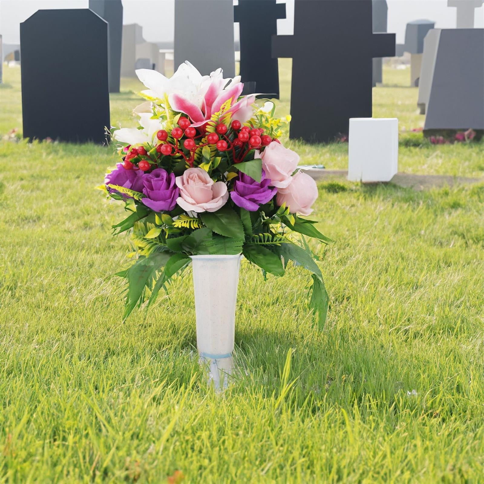 Fsqjgq Artificial Cemetery Flowers 18 Heads Vase Rose Lily Bouquet Real ...