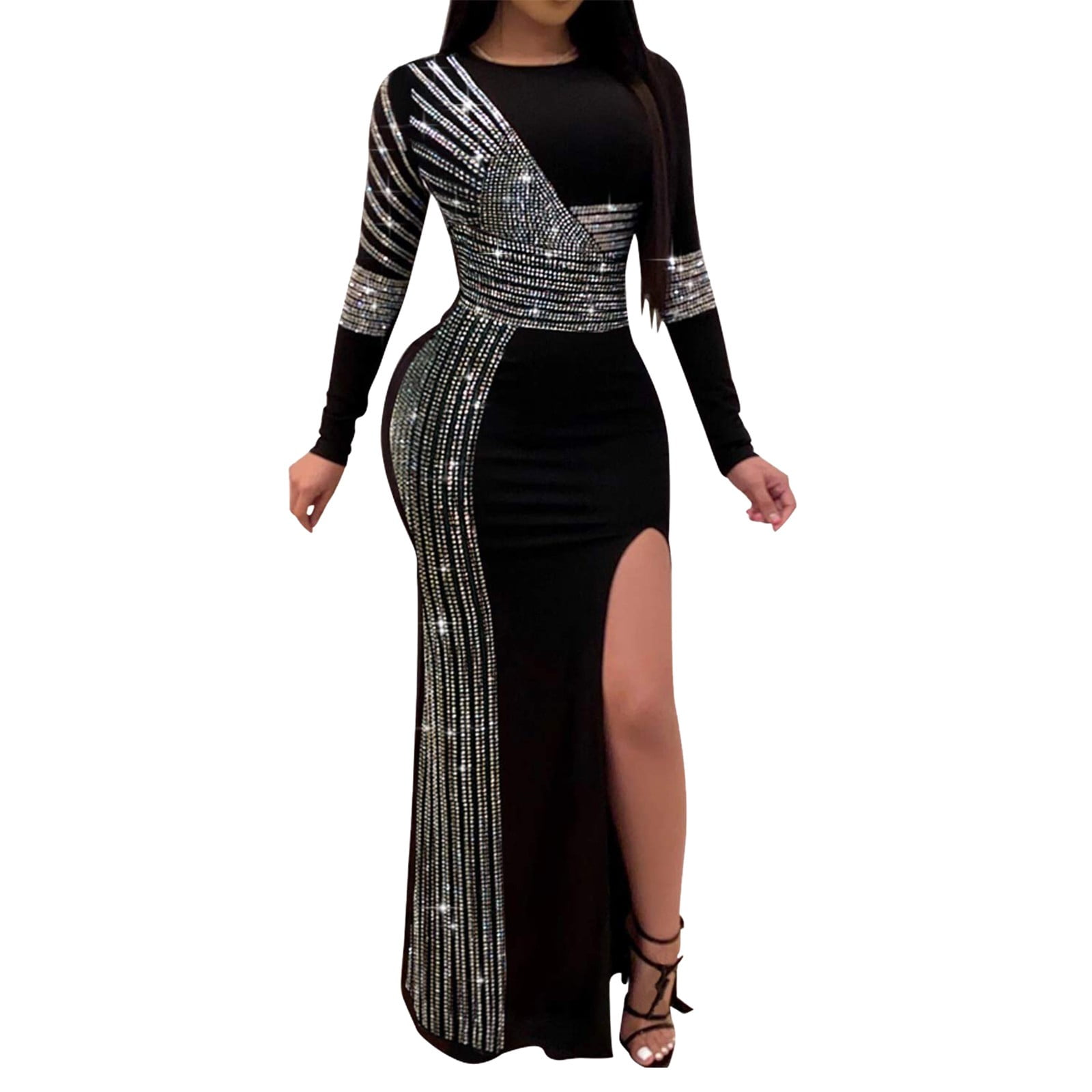 Fsqjgq Black Bronzing Sequins Wedding Guest Dresses for Women Fashion ...