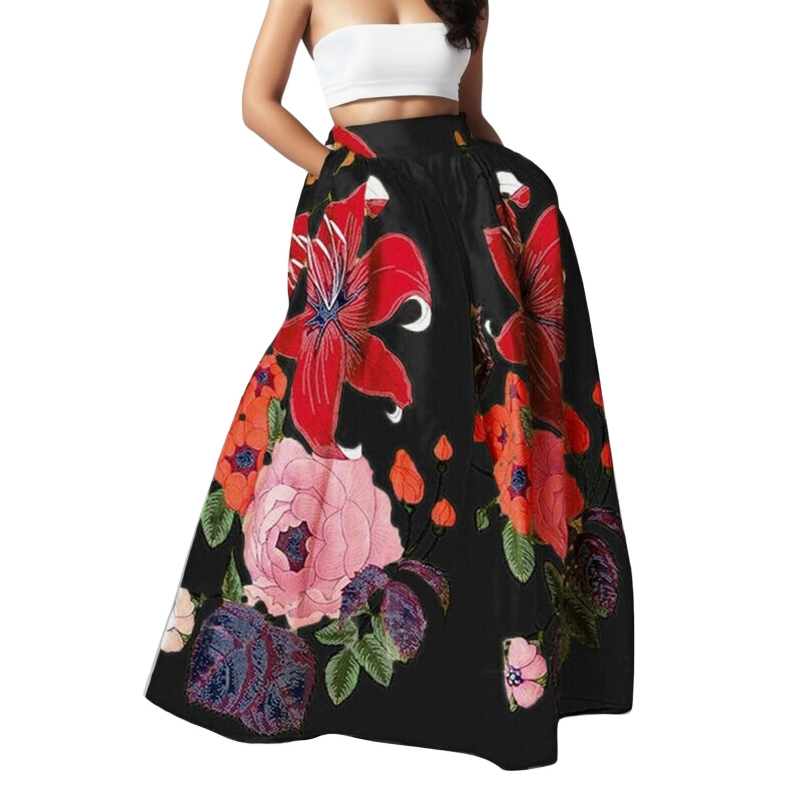 Fsqjgq Bohemian Floral Print Long Skirt for Women Elegant Large Swing ...