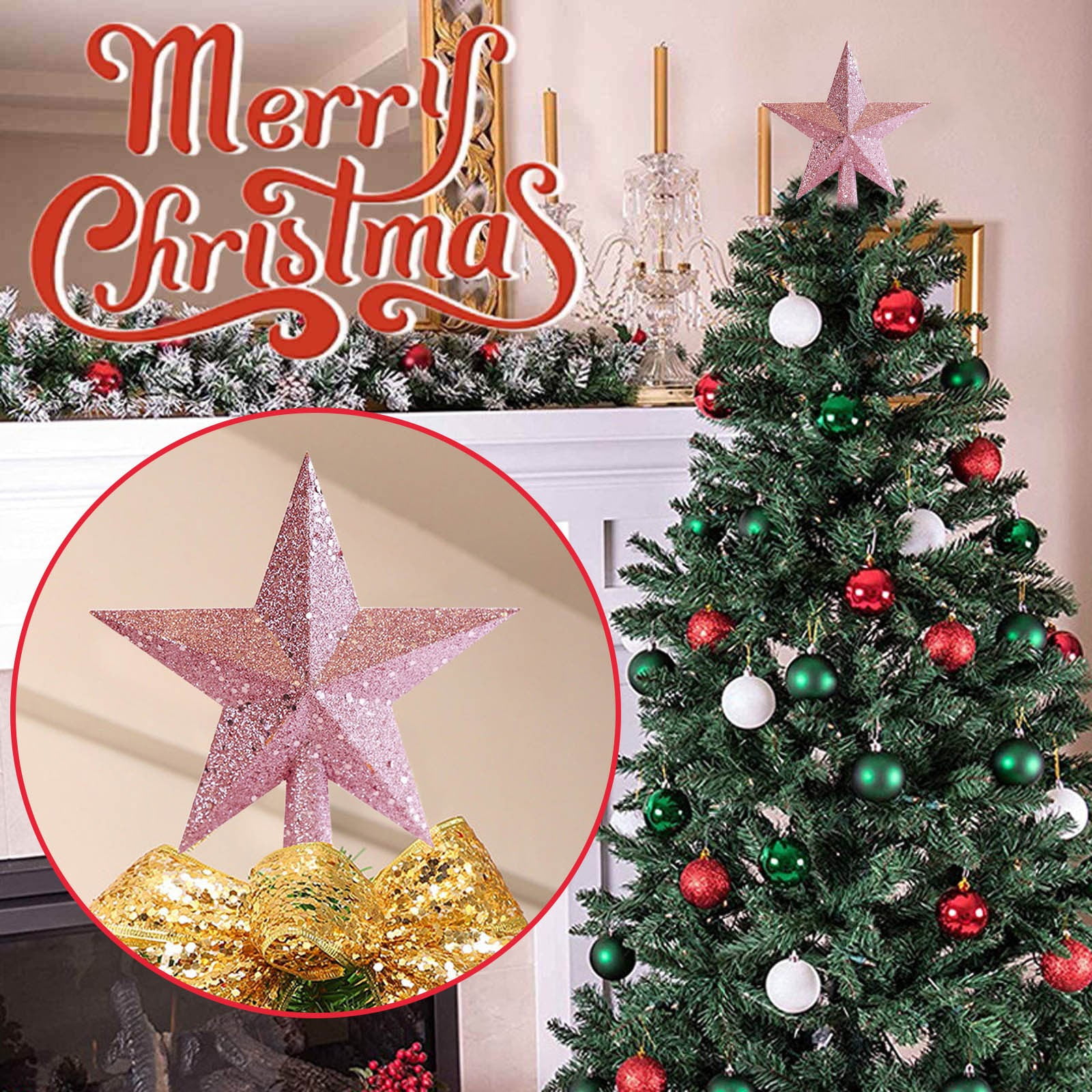 Fsqjgq Christmas Star Tree Topper Ornaments 20 Inch Pink Glitter Five ...