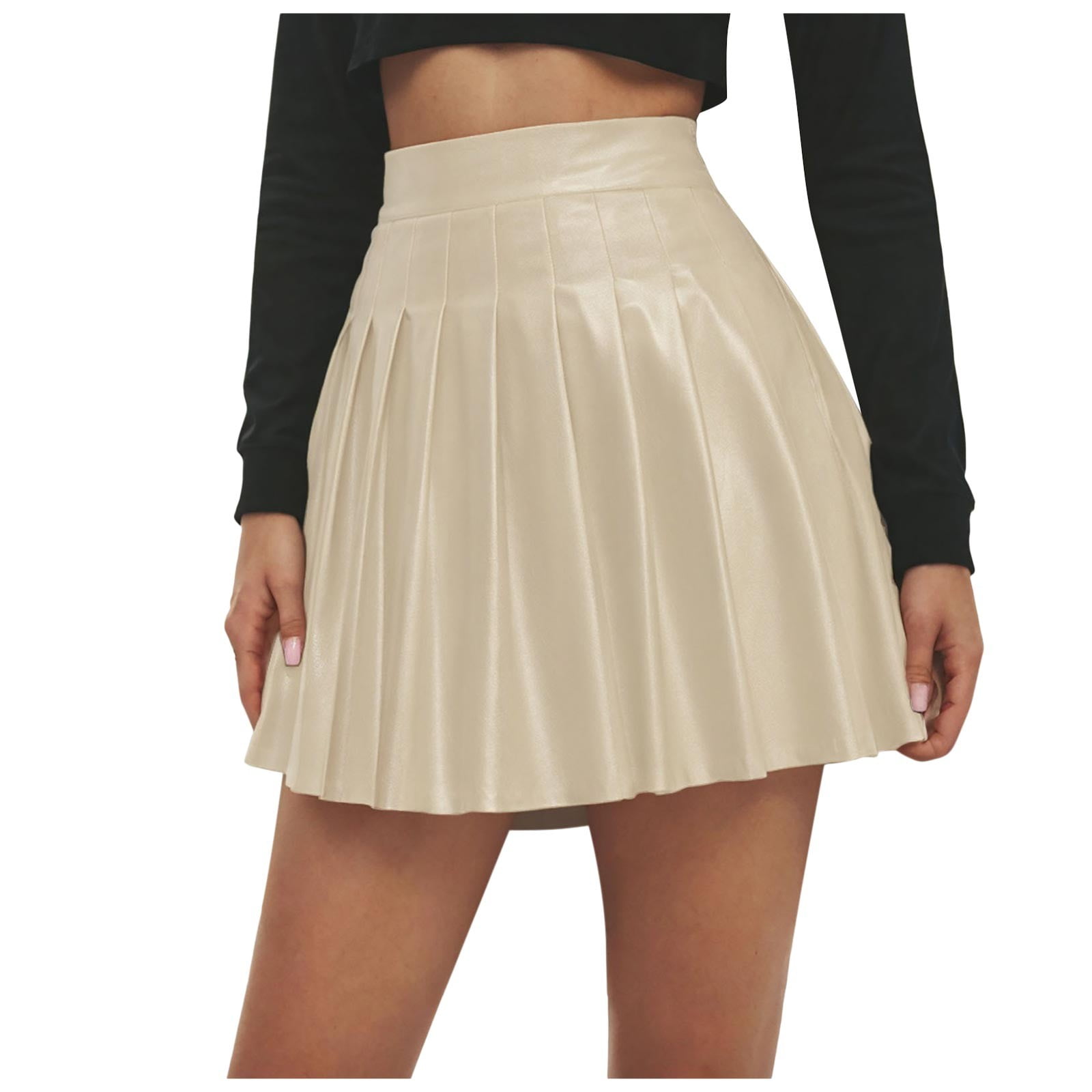 Fsqjgq Leather Black Mini Skirts For Women Classic High Waisted Pleated