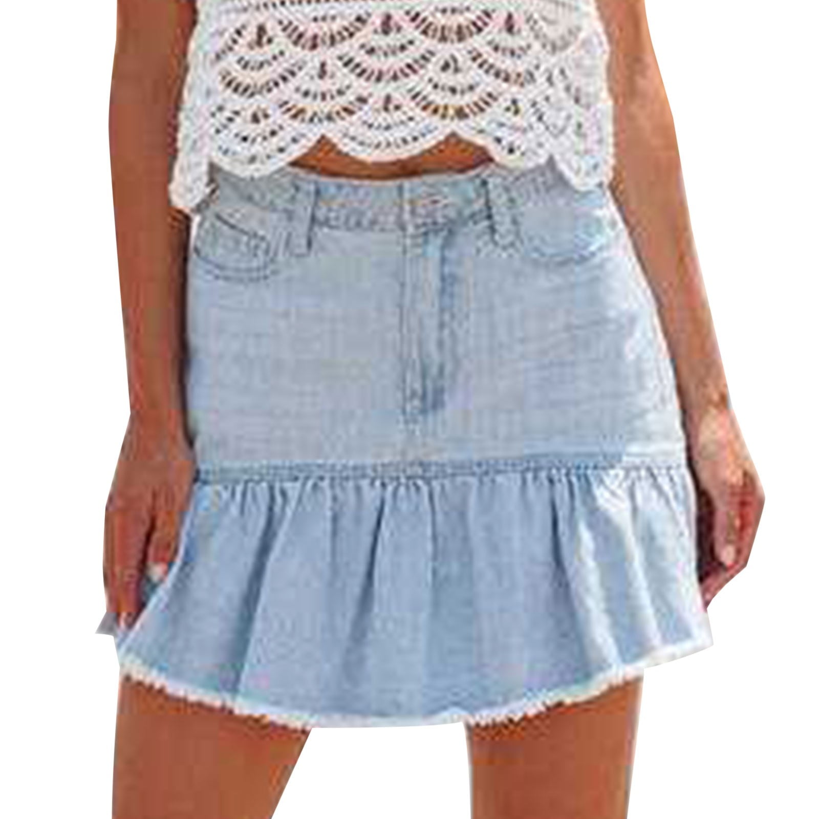 Fsqjgq High Waisted Pleated Denim Skirt Womens Casual Slim A Line
