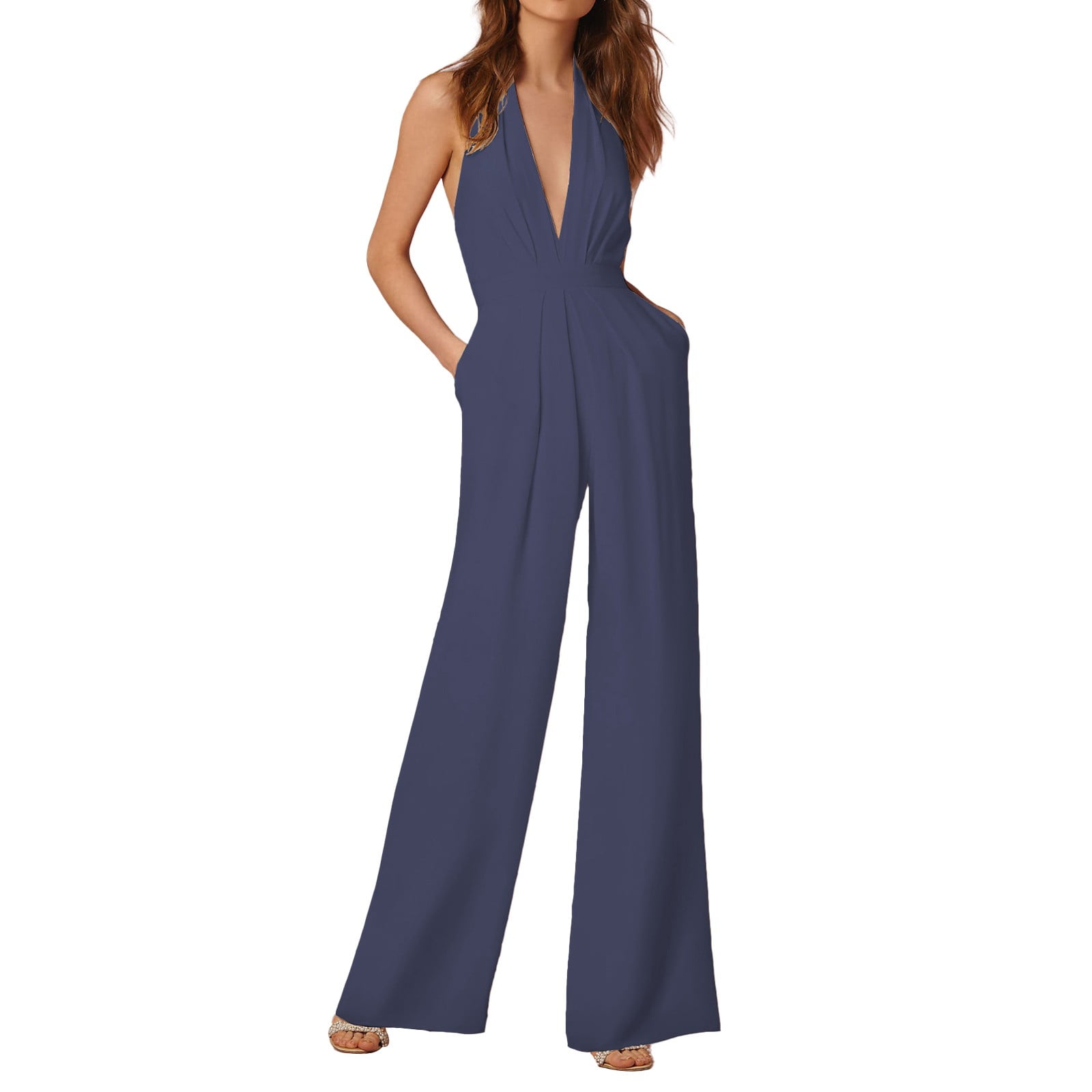Fsqjgq Jumpsuits for Women Dark Blue Rompers Elegant Sleeveless Sexy ...
