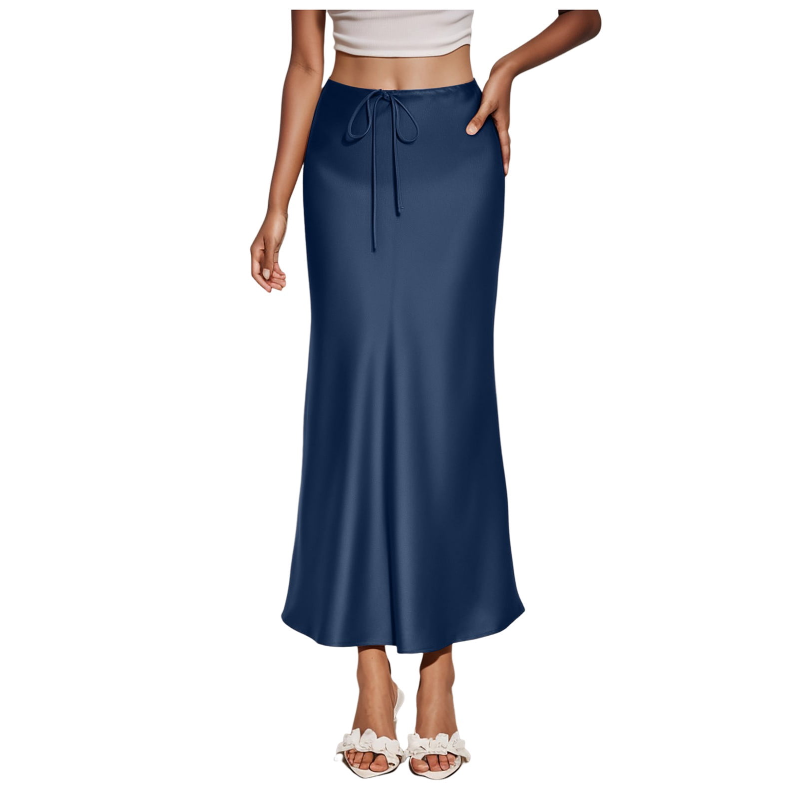 Fsqjgq Long Silk Satin Skirts for Women Elegant High Waist Drawstring ...