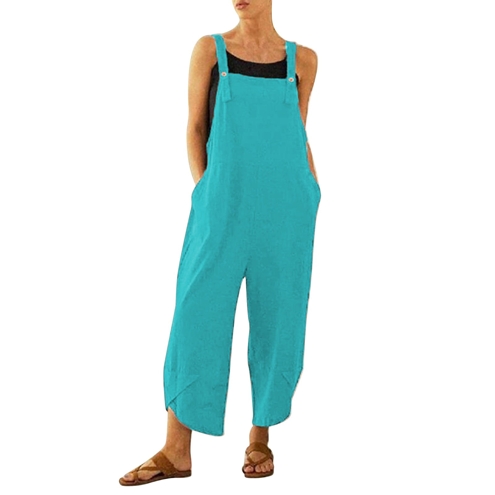 Fsqjgq Plus Size Jumpsuit for Women Bib Overalls Solid Sleeveless ...