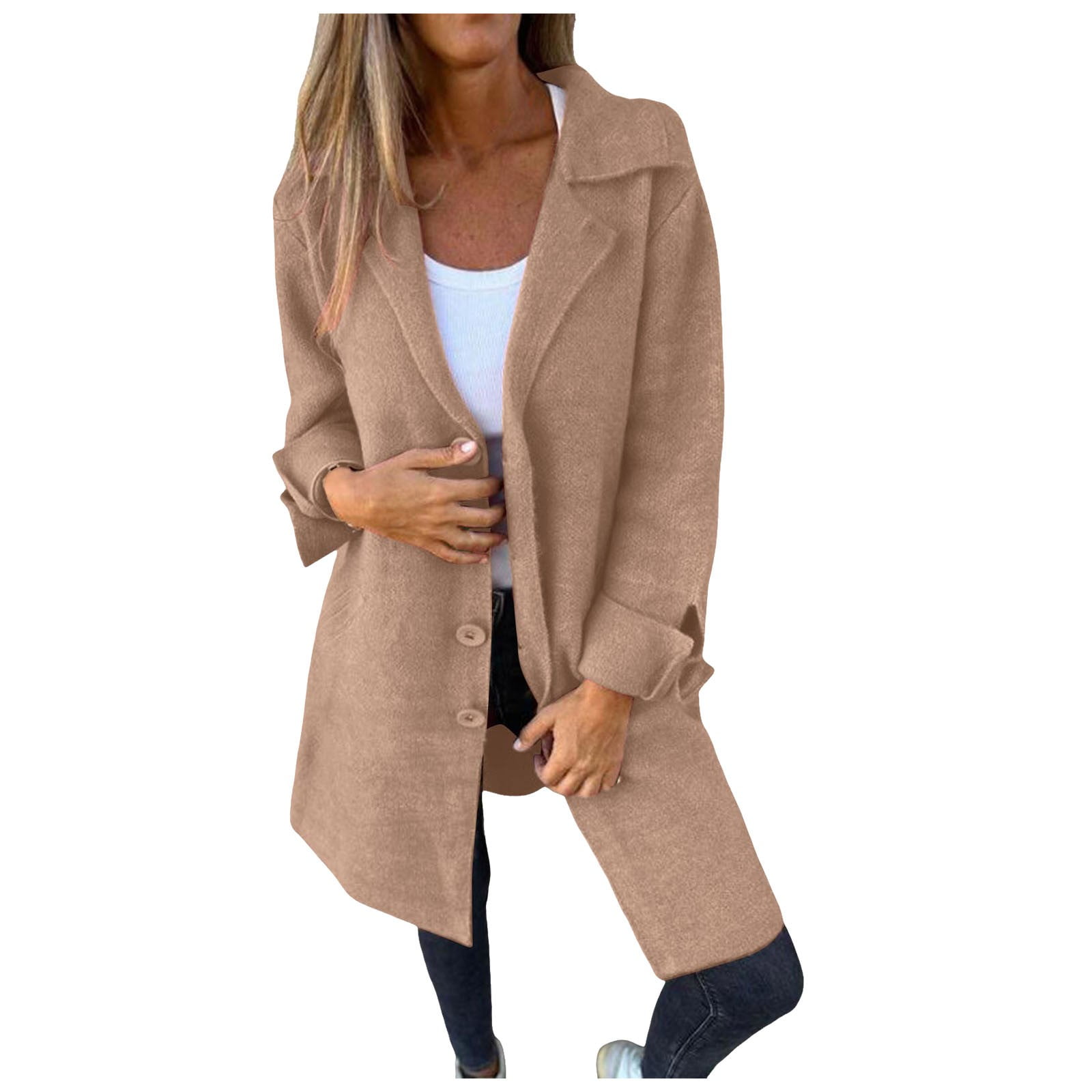 Fsqjgq Women's Winter Wool Trench Coat Notch Lapel Open Front Button ...
