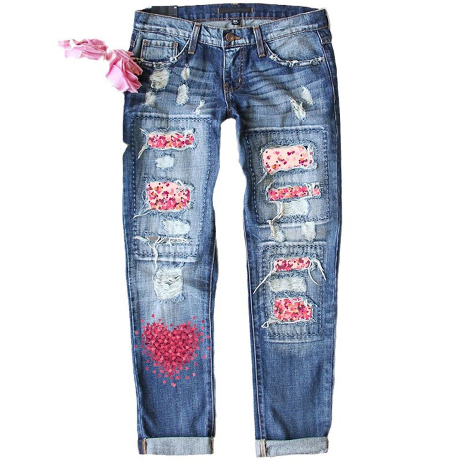 Fsqjgq Womens Jeans Trendy Blue Jeans for Women Love Print Ripped Jeans ...