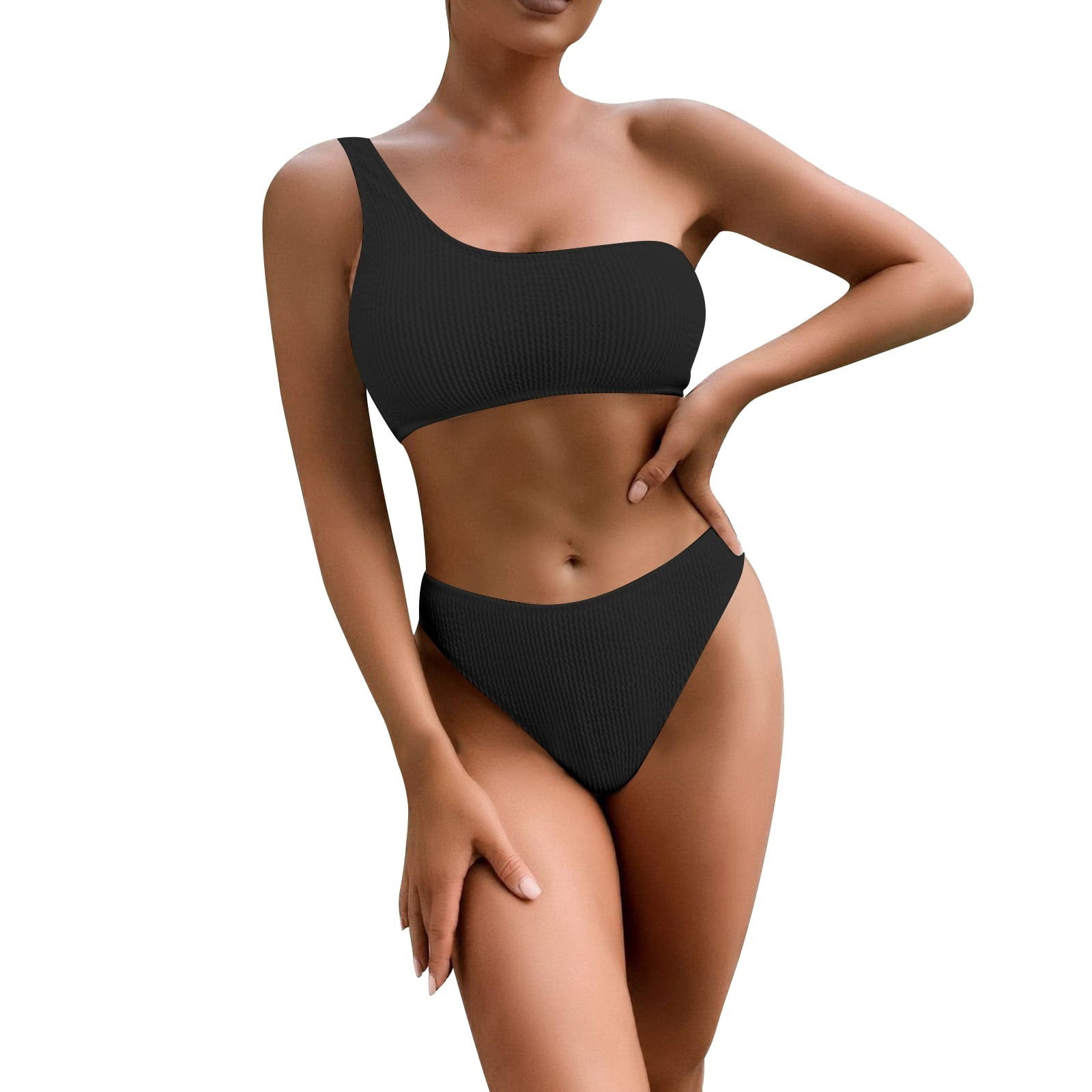 Fsqjgq Womens Swimsuits One Shoulder Ribben Knit Thong Bikinis