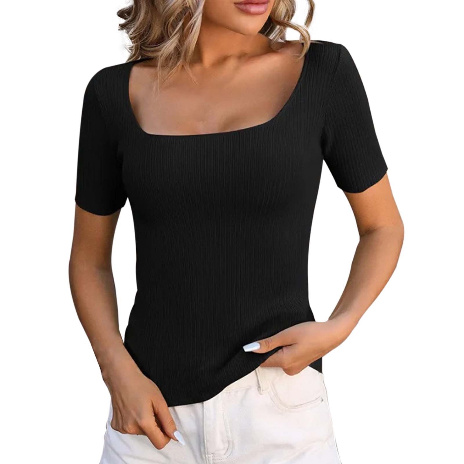 Fsqjgq Womens Tops Elegant Plus Size Bodysuit Ribbed Knit T Shirt Summer Fashion Square Neck ...