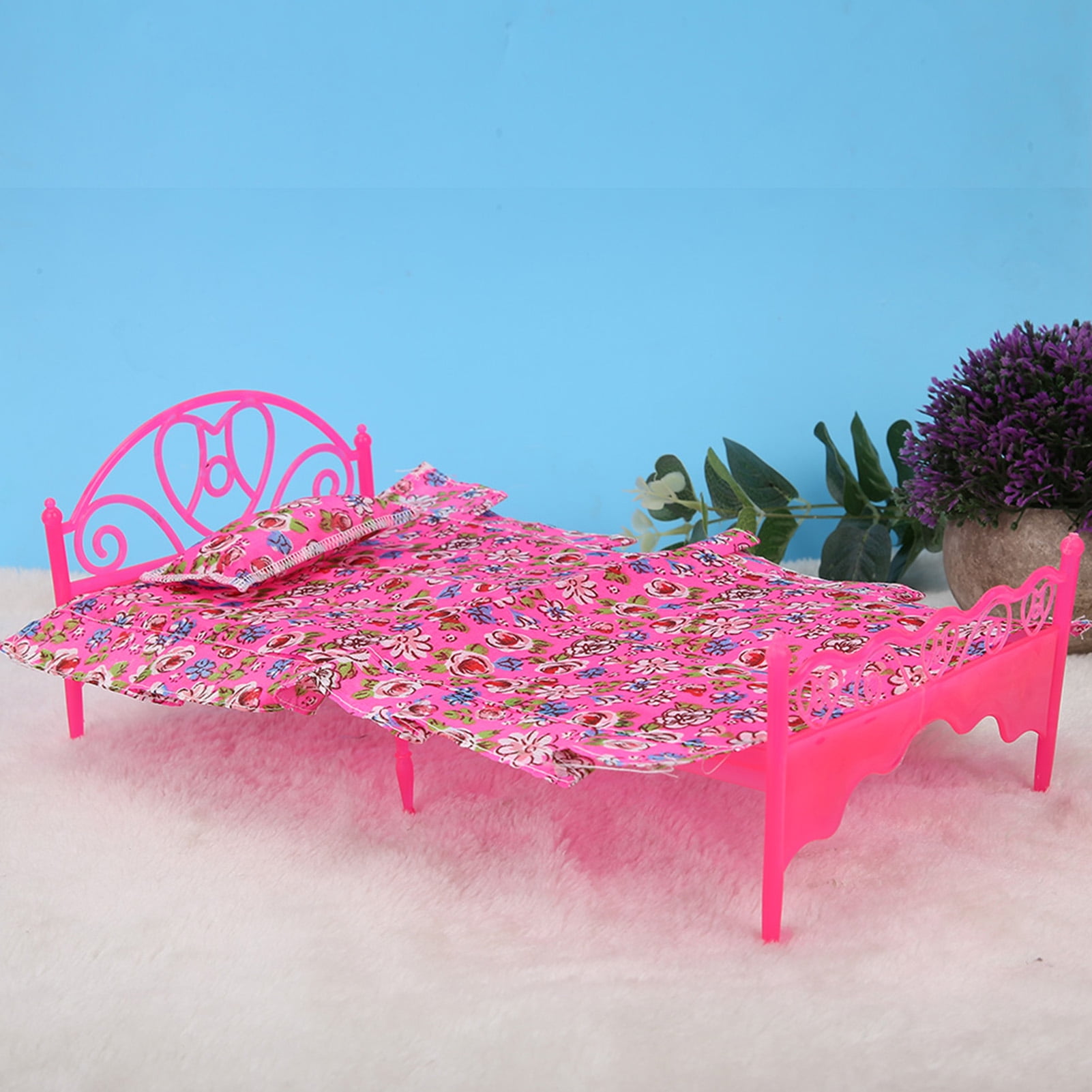 Ftory Plastic Mini Bed With Pillow And Sheet For Pin Dolls Dollhouse ...