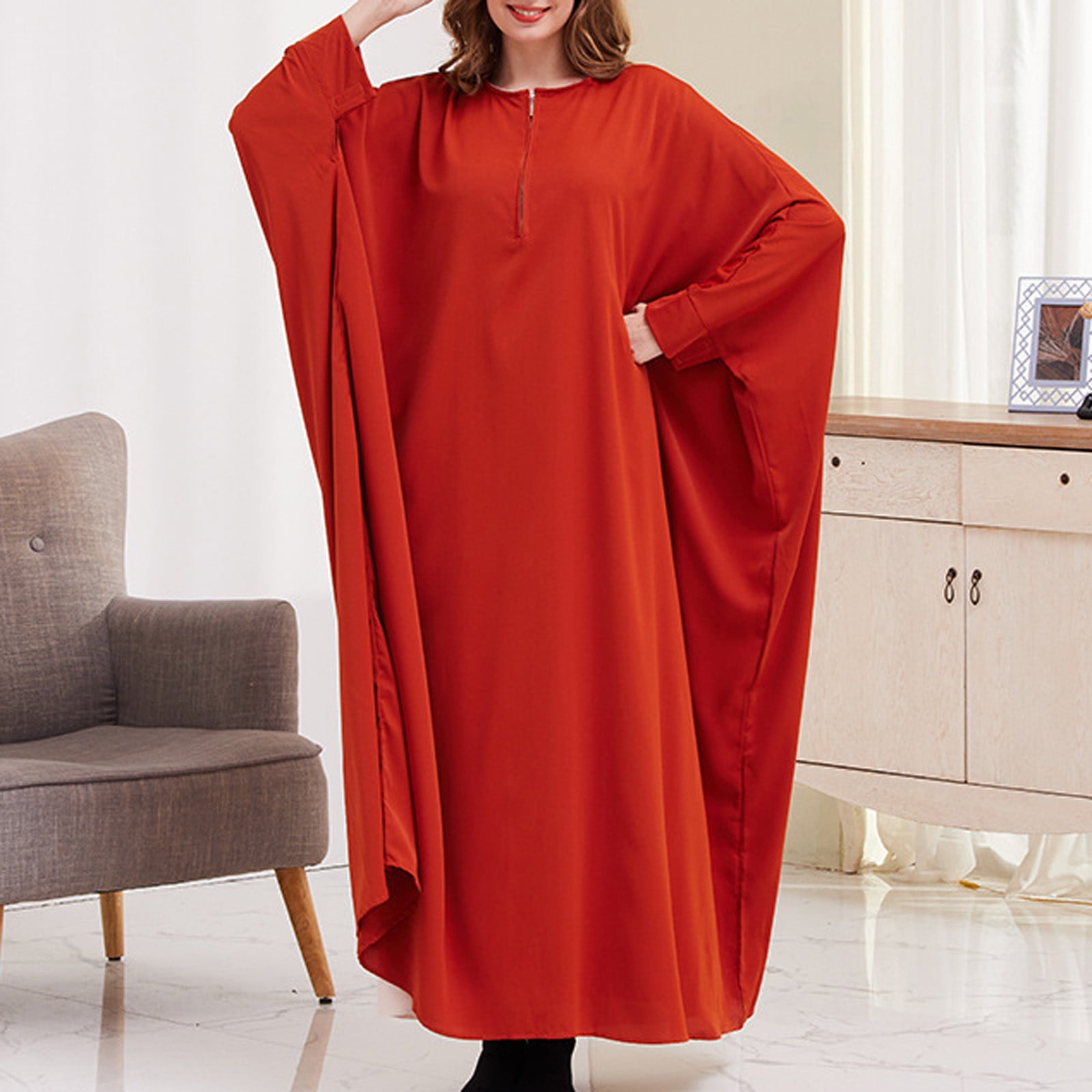 Ftwytp Fashion Woman Solid Large Size Long Sleeve Pockets Ladies Bat-wing Sleeve Dress Long ...