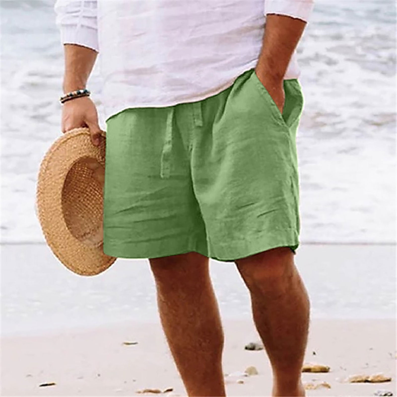 Ftwytp Men Casual Solid Pocket Elastic Waist Straight Half Shorts Pants ...