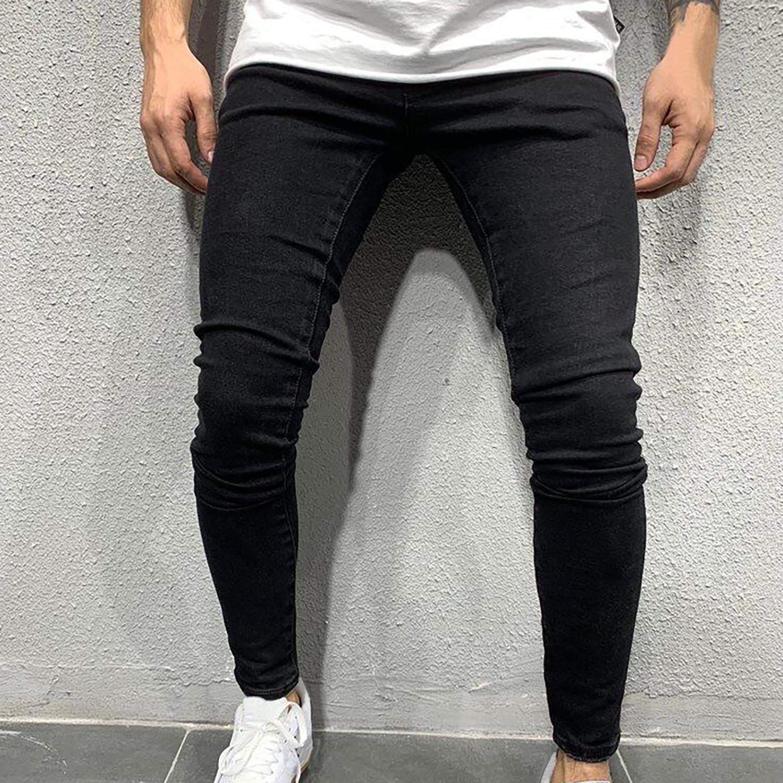 Ftwytp Men's Casual Cotton Straight Ripped Hole Trousers Jeans Pants ...