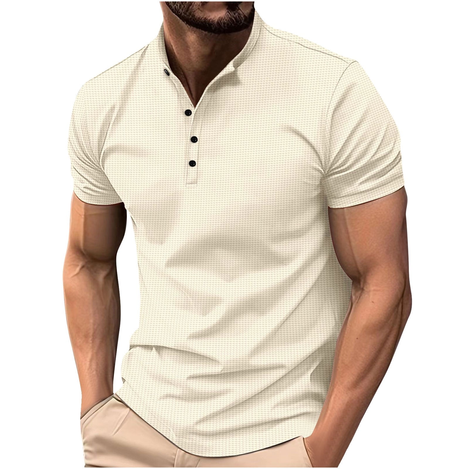 Ftwytp Men's Solid Color Fallow Button Round Neck Sports Short Sleeve ...
