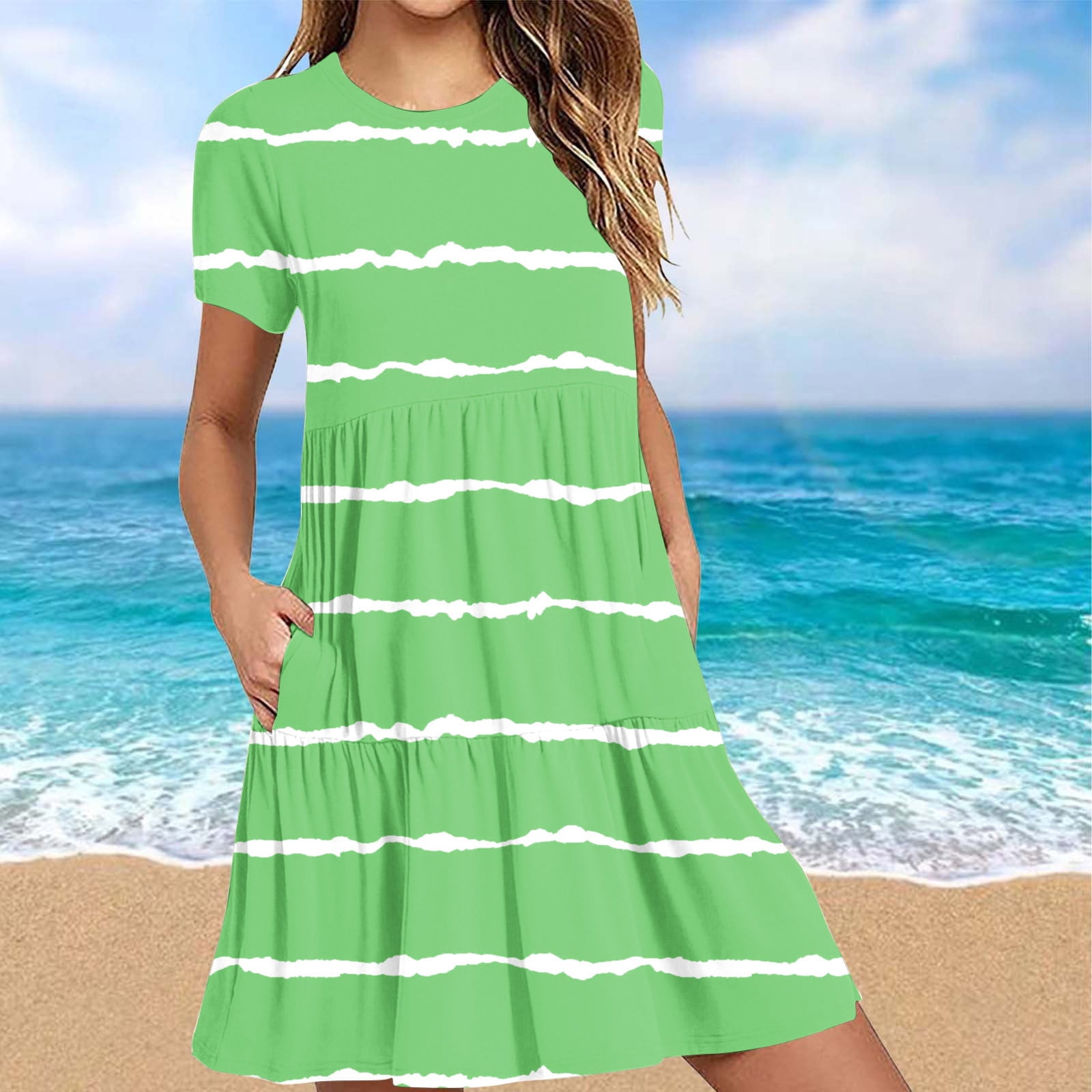 Ftwytp Short Sleeve Crew Neck T Shirt Dress Tiered Swing Mini Dresses ...