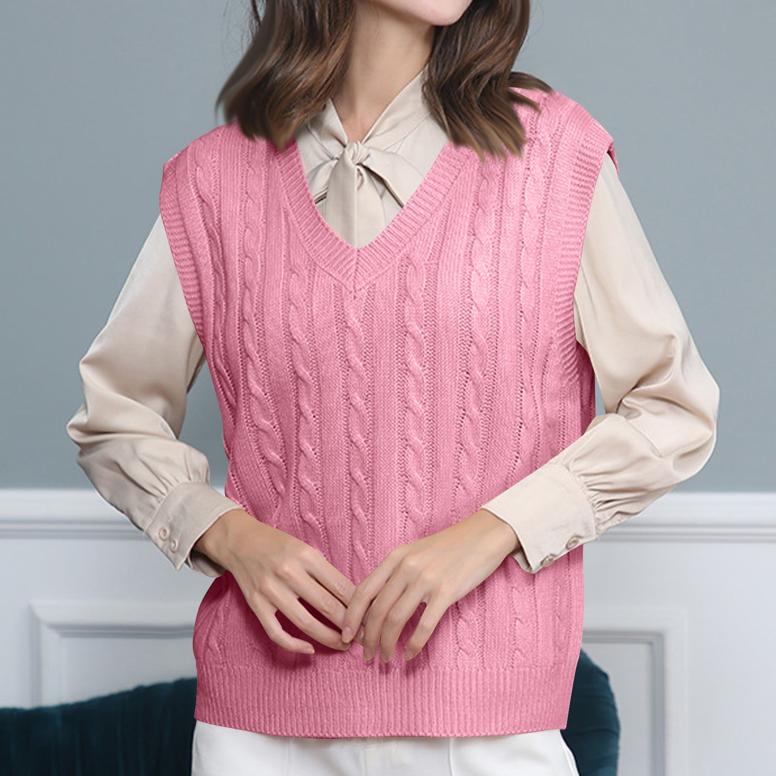 Ftwytp Women Argyle Sweater Vest V Neck Sleeveless Solid Color Jumpers ...