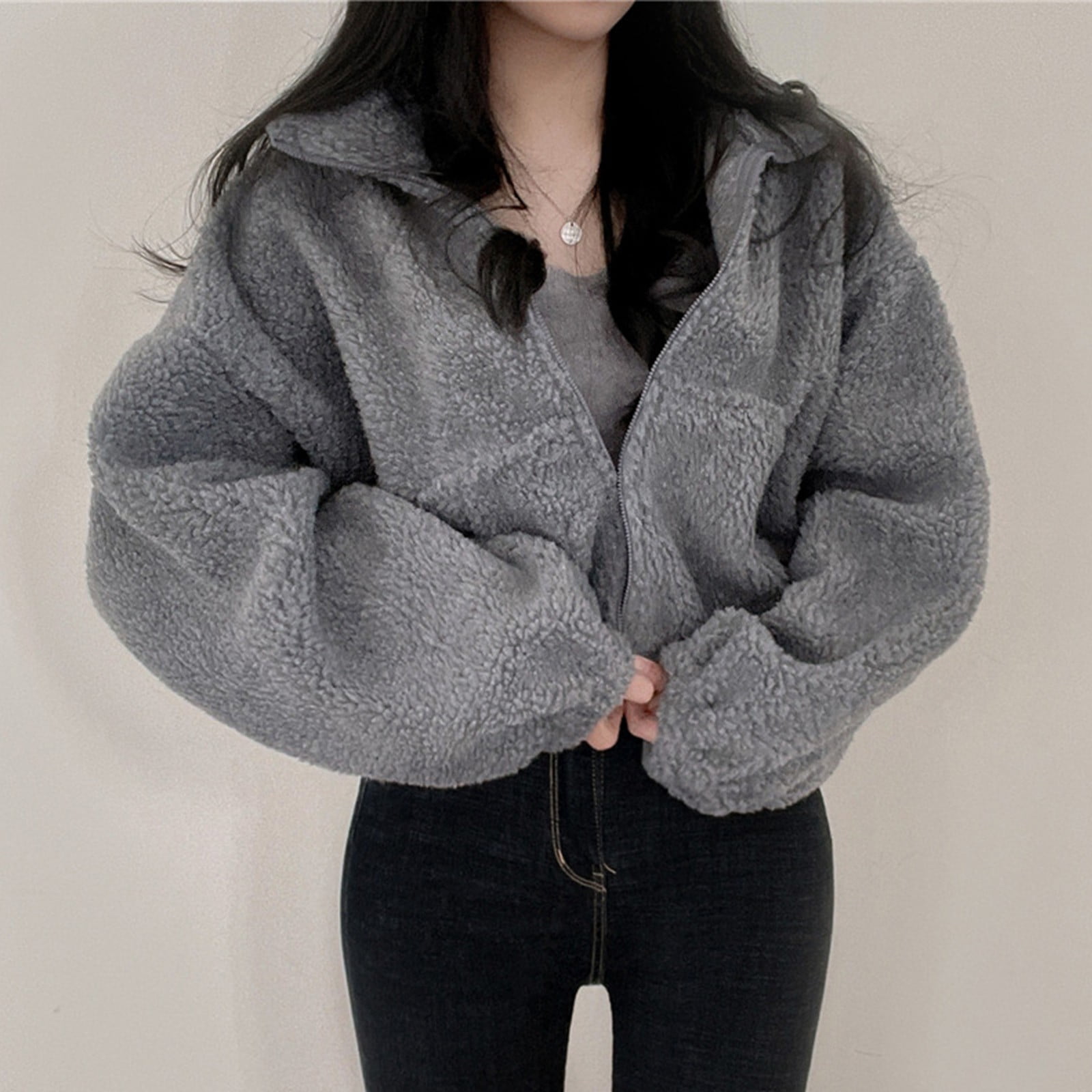 Ftwytp Women Cropped Jacket Coat Fluffy Fleece Turn-Down Collar Baggy ...