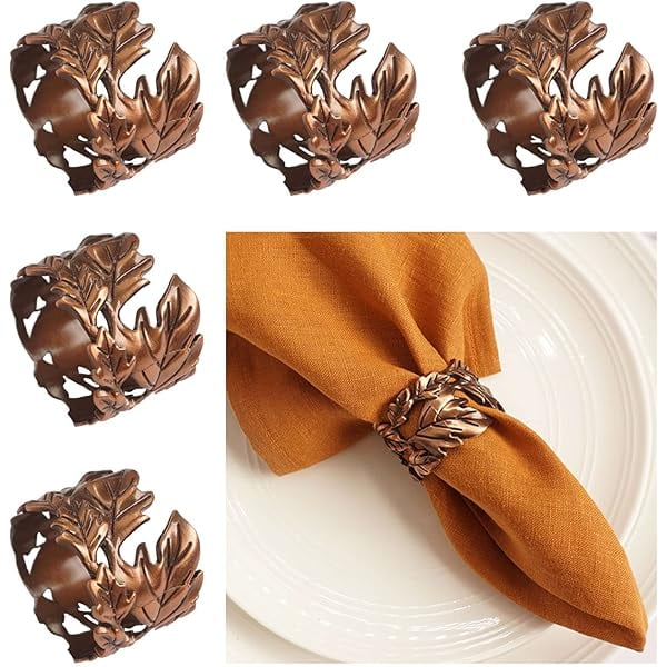 Fu997 Leaf Shape Napkin Rings Set of 6, Bronze Napkin Rings Metal ...