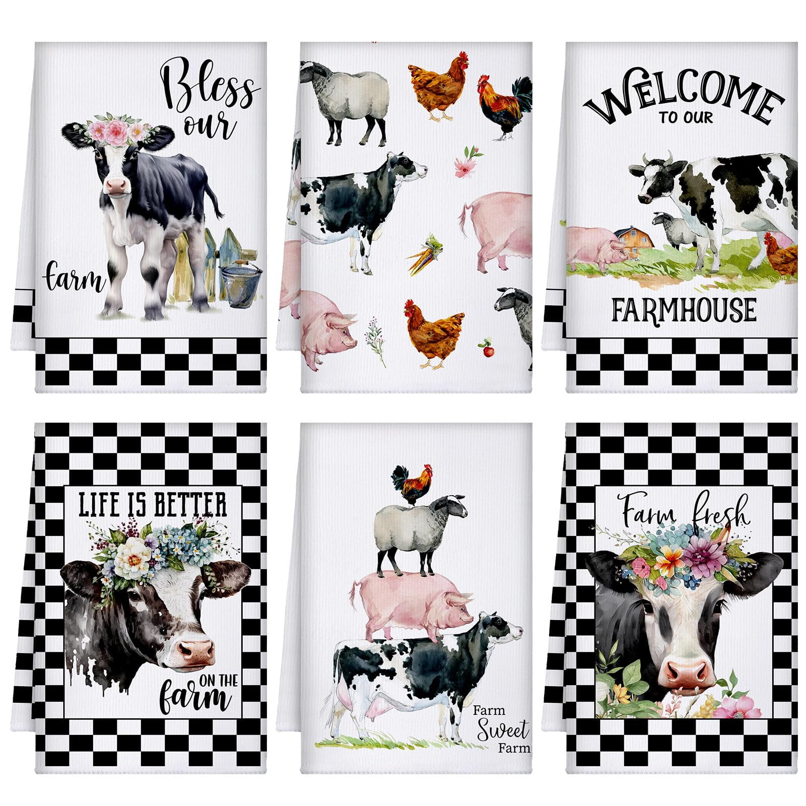 FuWeave 6 Pcs Farmhouse Kitchen Towels with Animals Cow Print Kitchen ...