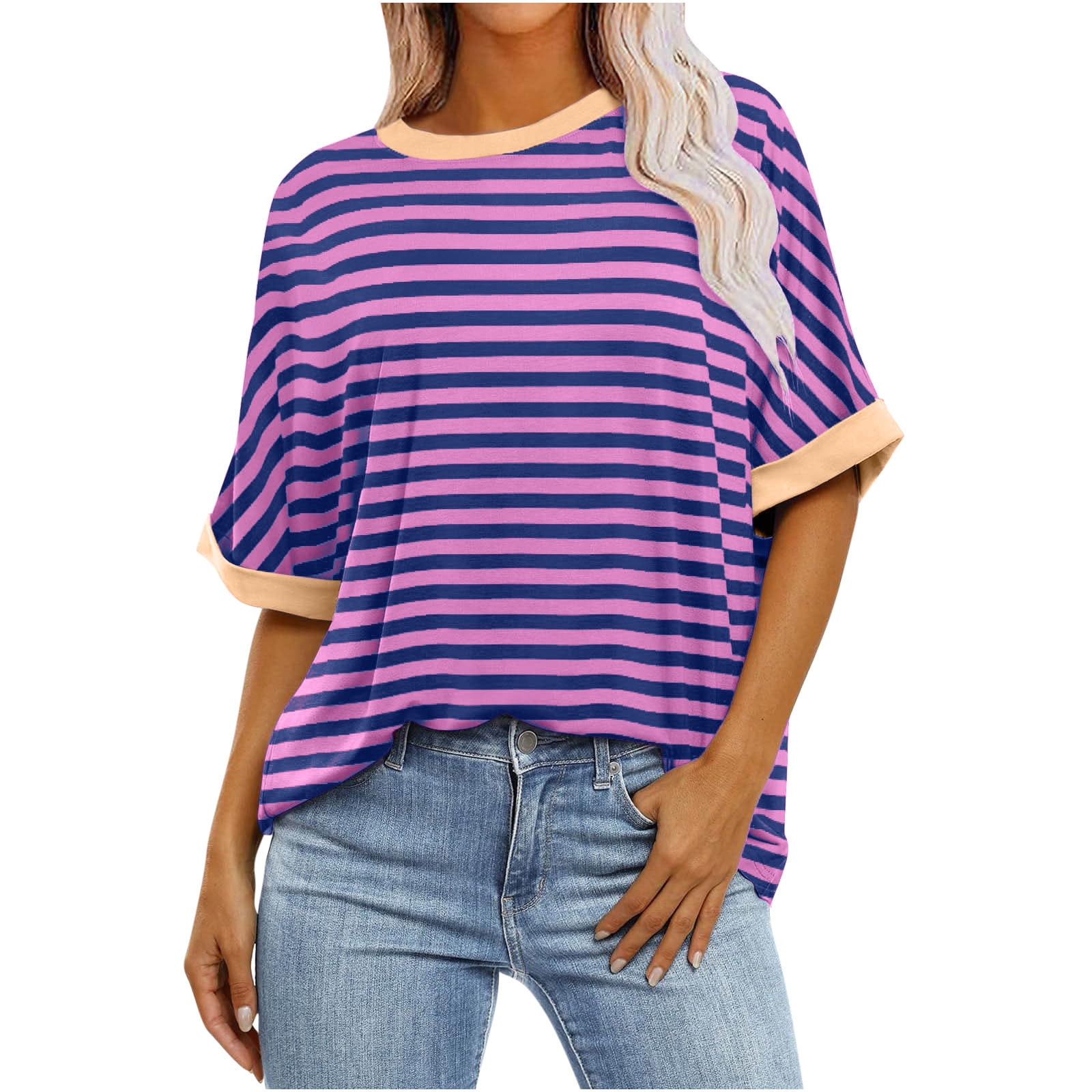 FuYuanHan Deals Women's Contrasting Color Stripe T Shirts Summer Loose ...