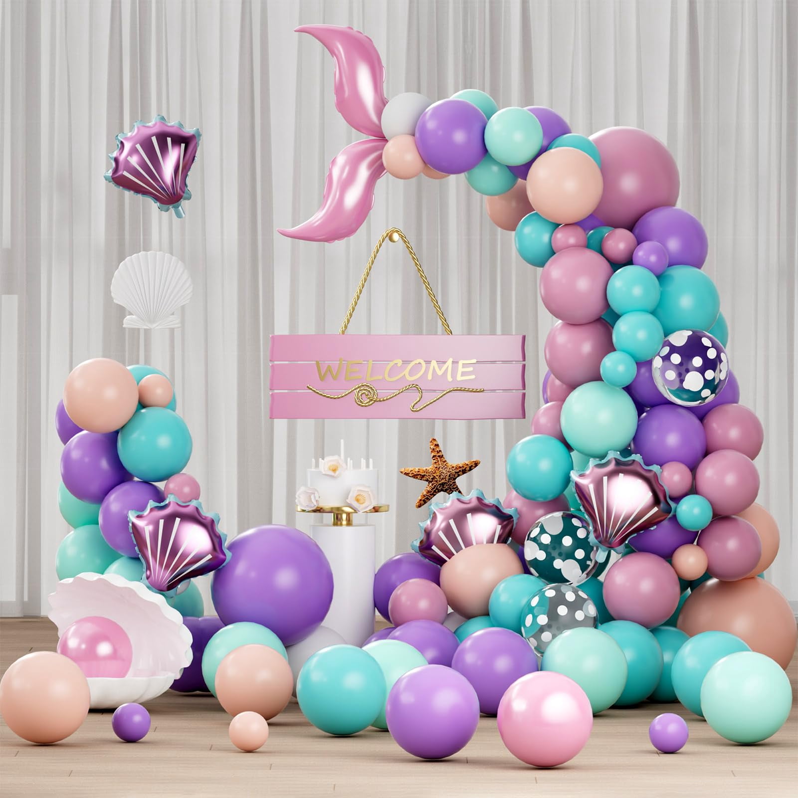 FuZhiChuan Mermaid Balloon Arch DHF10 Kit, Purple Pink Blue Latex Balloons Mermaid Tail Seashell ...