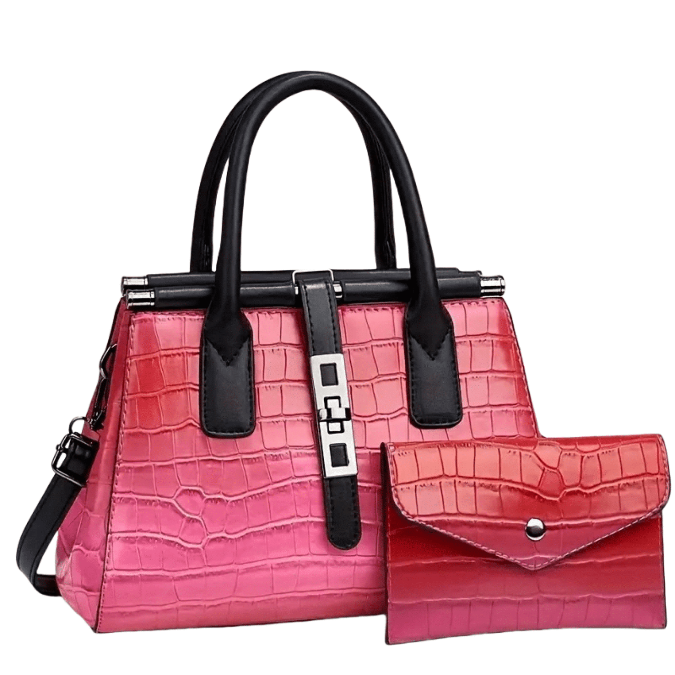 Women's Fuchsia Gradient Premium PU Croc-Embossed Handbag Set (2pcs ...