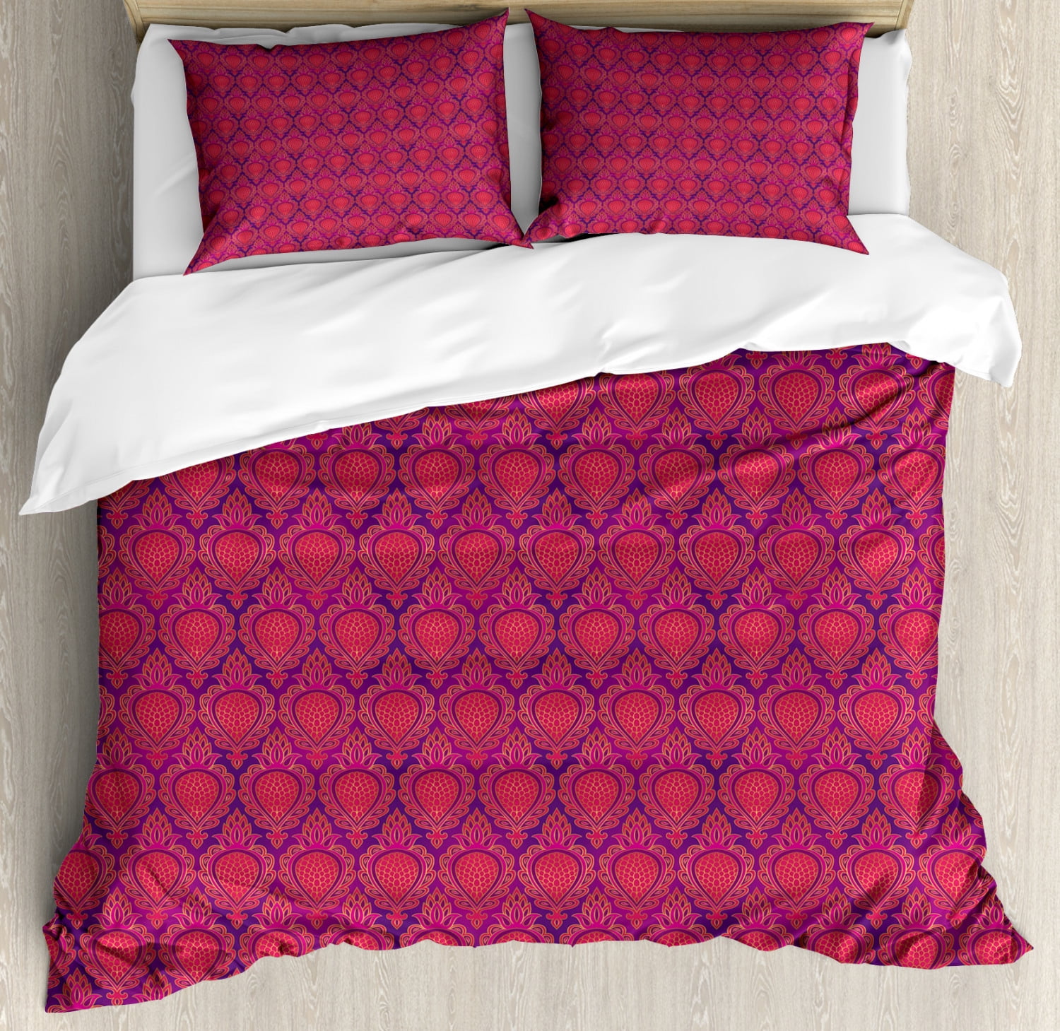 Fuchsia Duvet Cover Set Queen Size, Middle Eastern Inspired Print of ...