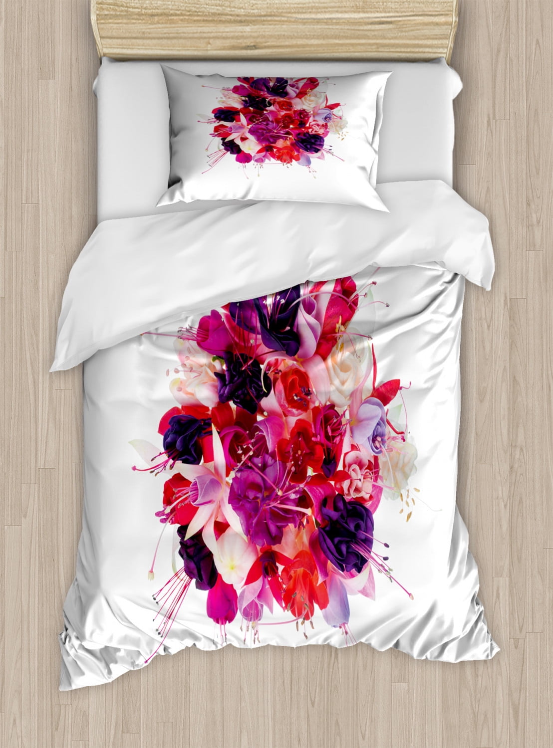 Fuchsia Duvet Cover Set Twin Size, Bouquet of Exotic Flowers in Tender ...