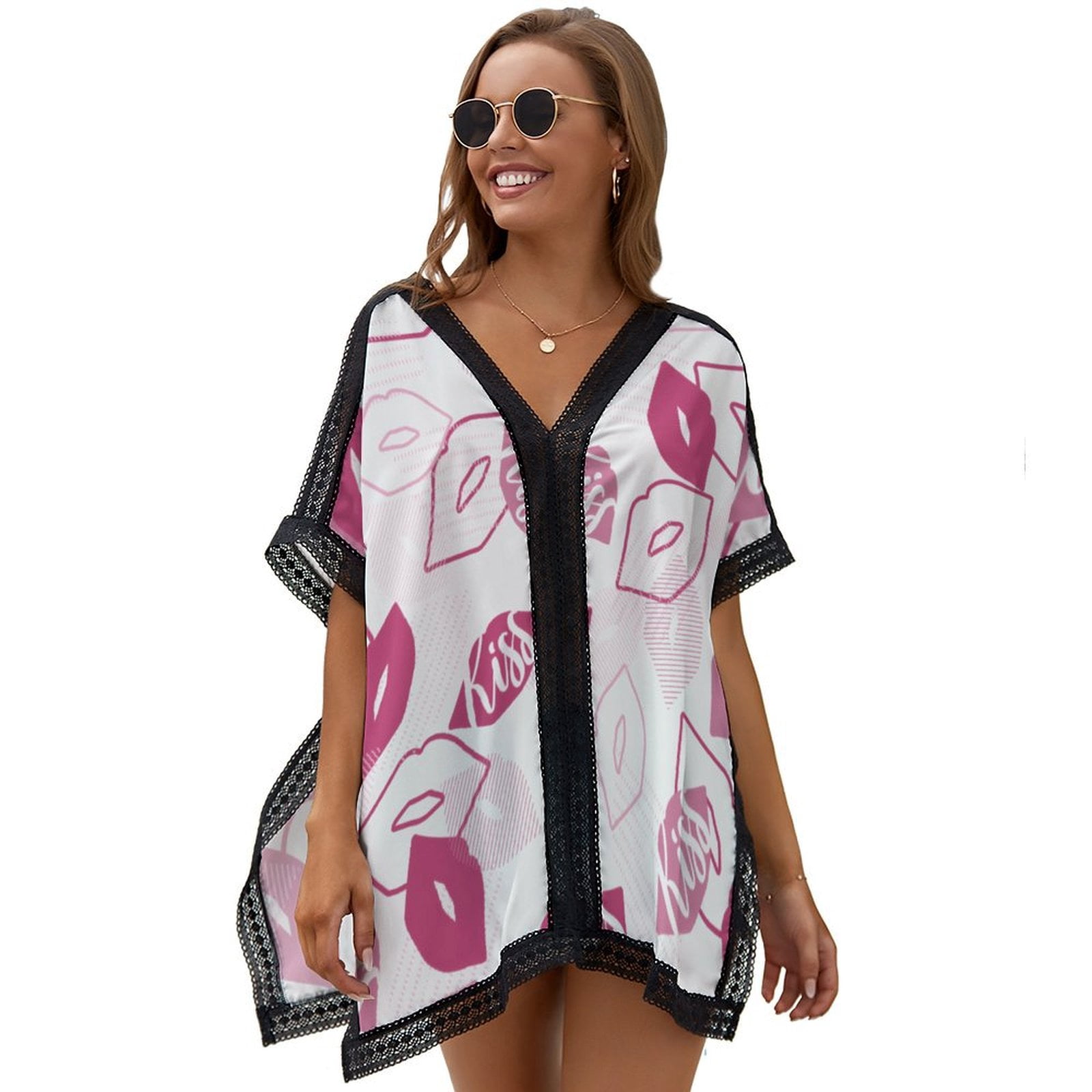 Fuchsia Pink Lips Kissing Womens Beach Cover Up Oversized Lace Bikini ...