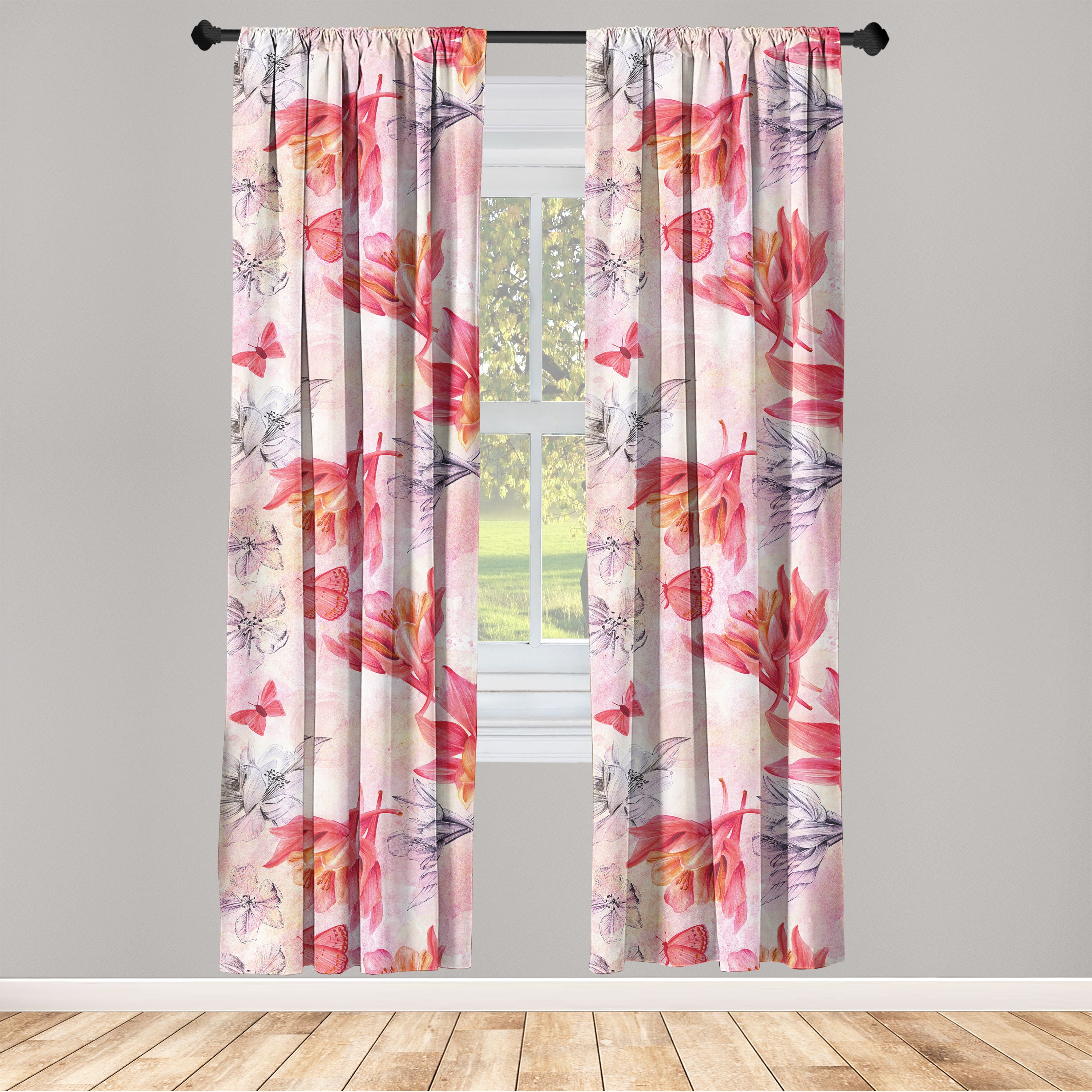 Fuchsia Window Curtains, Neutral Colors Boho Flowers Pattern with ...
