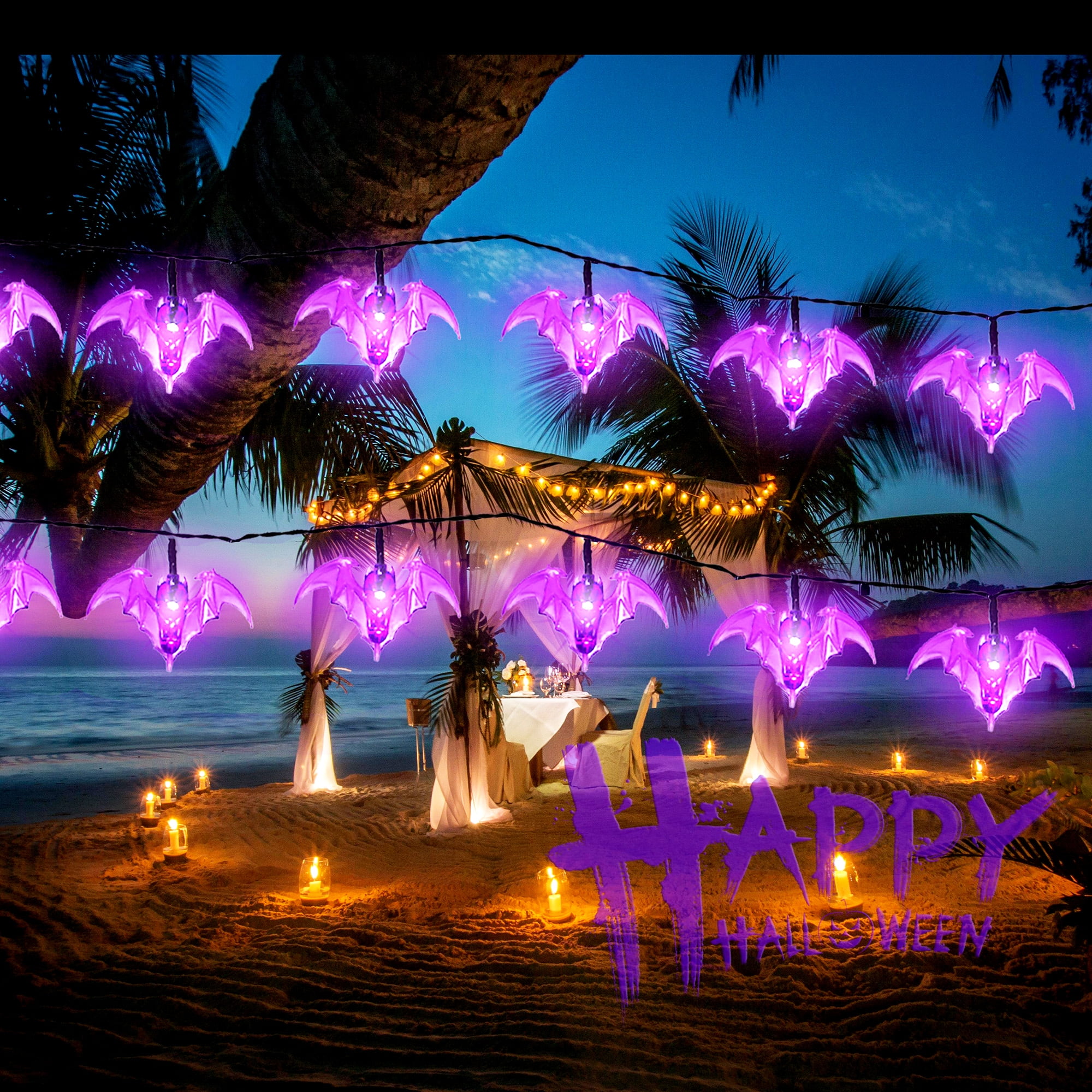 Fuchsun Halloween Purple 30 LED Bats String Light, Battery Powered with ...