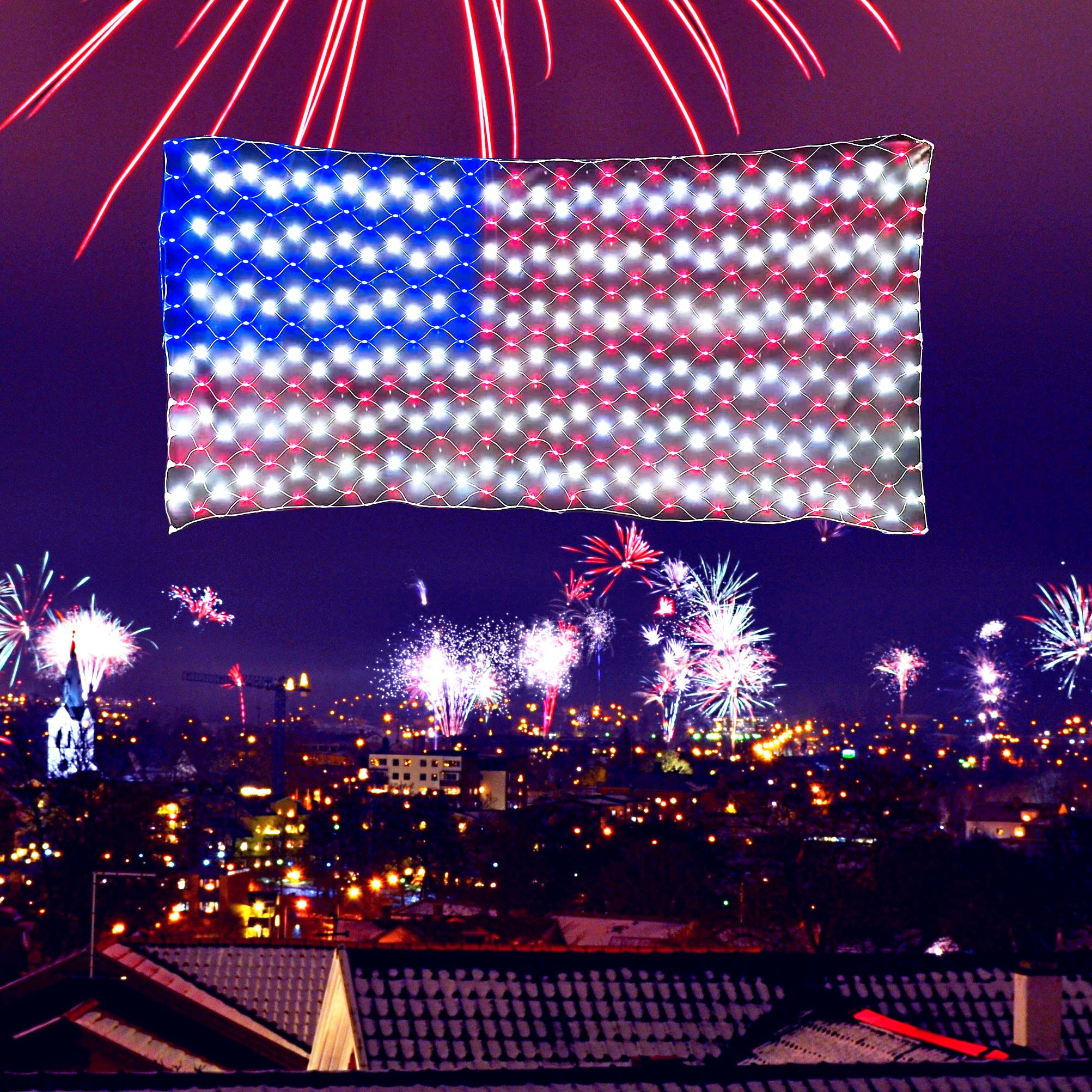 Fuchsun LED American Flag Net Light USA Patriotic Themed Sign Fourth of ...