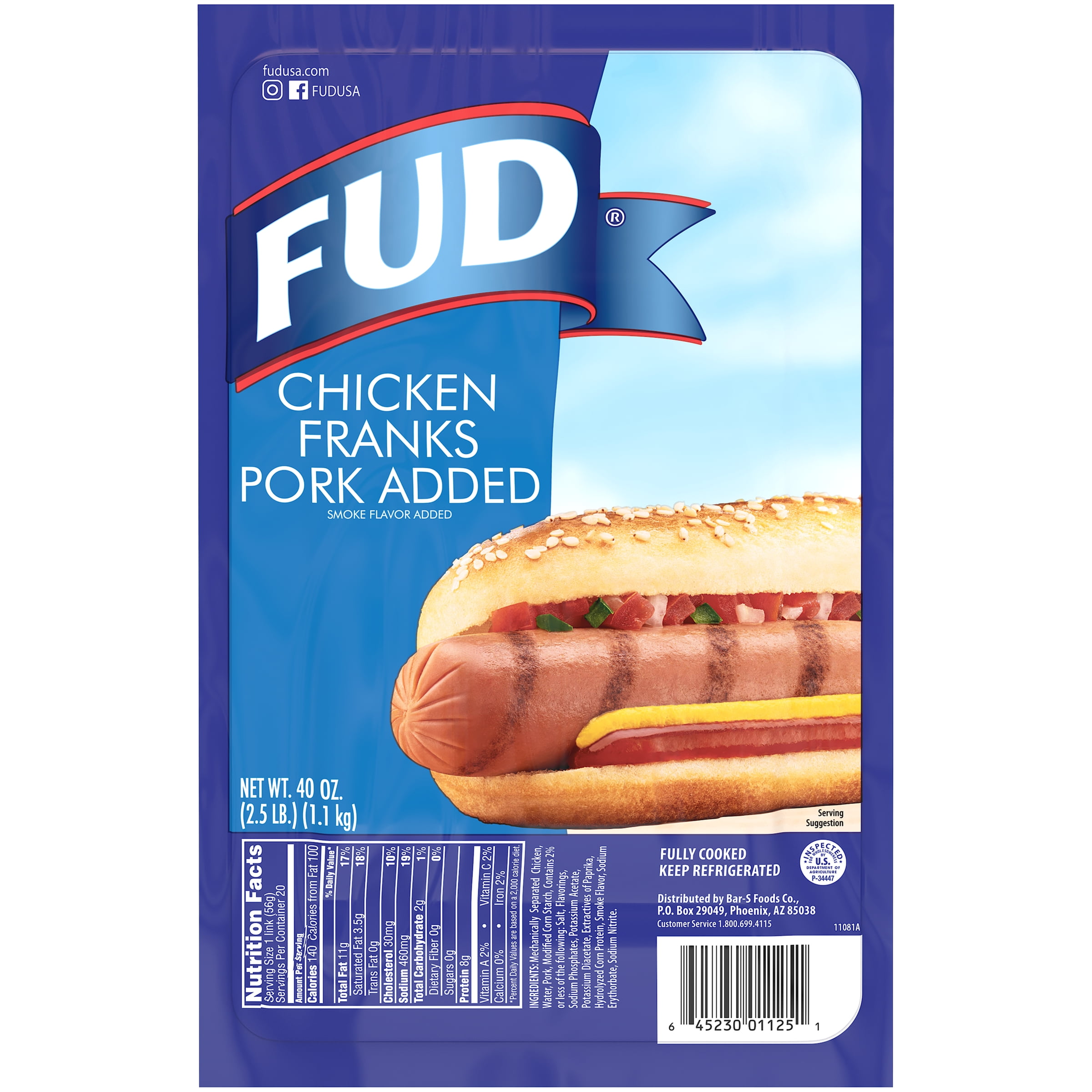 Fud Chicken & Pork Franks 40oz, Fully Cooked, Refrigerated - Walmart.com